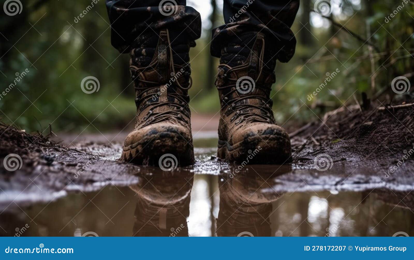 One Person Hiking in Wet Forest Mud Generated by AI Stock Image - Image ...