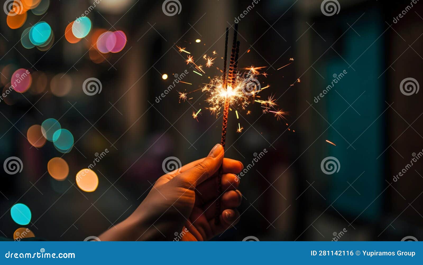 One Person Holding Glowing Flame Igniting Firework Display at ...