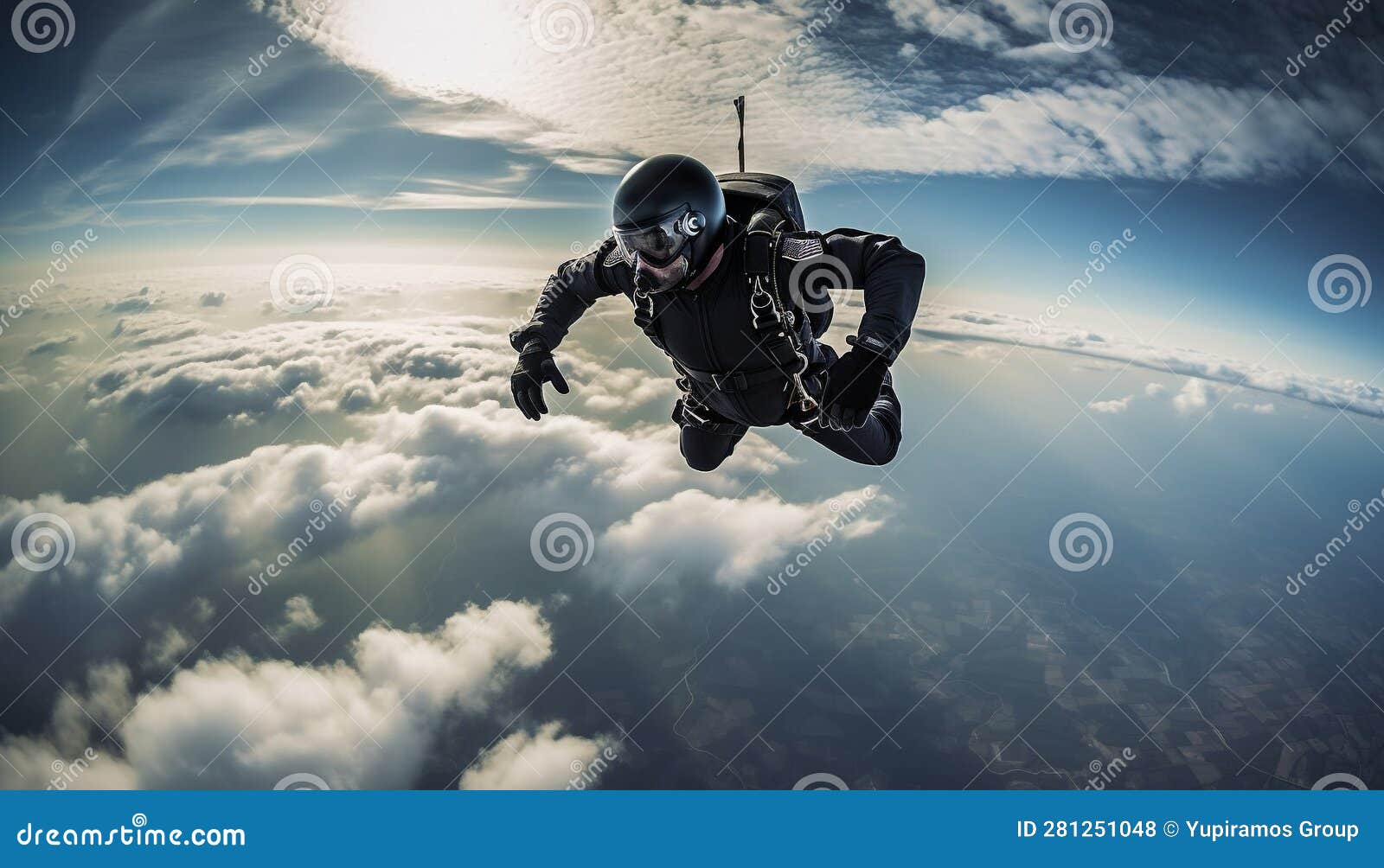 One Person Jumping in a Helmet, Flying through the Blue Sky Generated ...