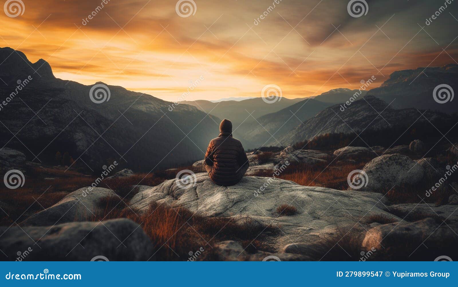 One Person Meditating on a Rock, Achieving Spiritual Tranquility ...