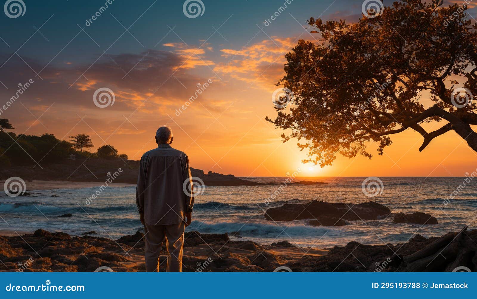 One Person Standing, Backlit by Sunset, Reflecting on Tranquil Water ...