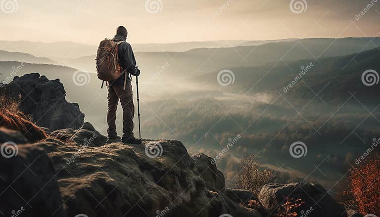 One Person Standing on Mountain Peak, Backpacker Achieves Success ... One Person Standing on Mountain Peak, Backpacker Achieves Success ...