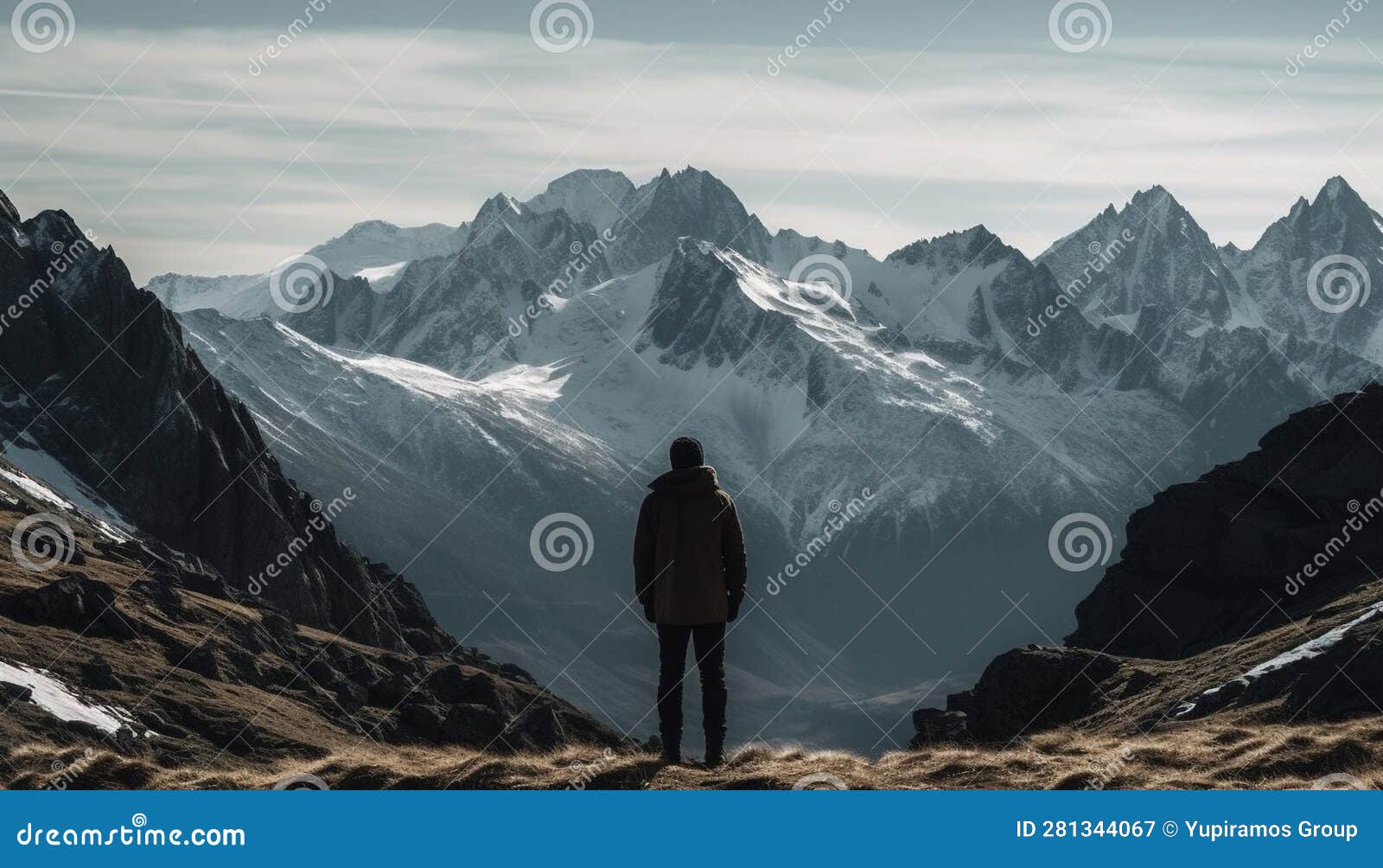 One Person Standing on Mountain Peak, Hiking Extreme Terrain Stock ... One Person Standing on Mountain Peak, Hiking Extreme Terrain Stock ...