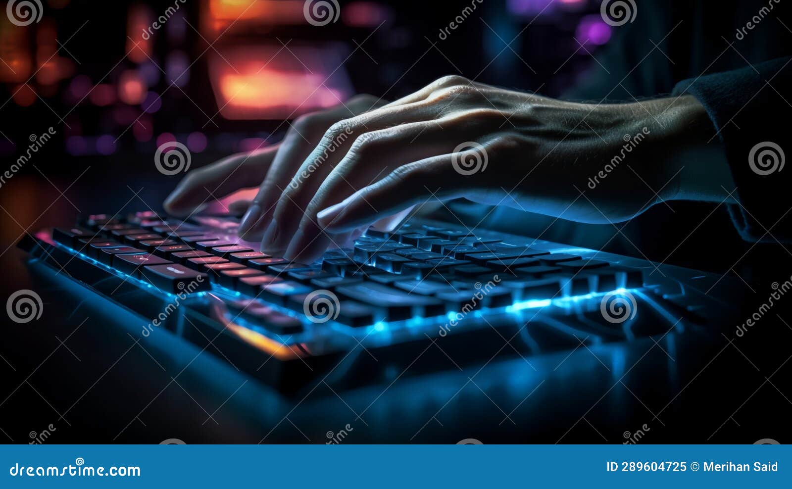 One Person Typing on Futuristic Glowing Computer. AI Generative Stock ...