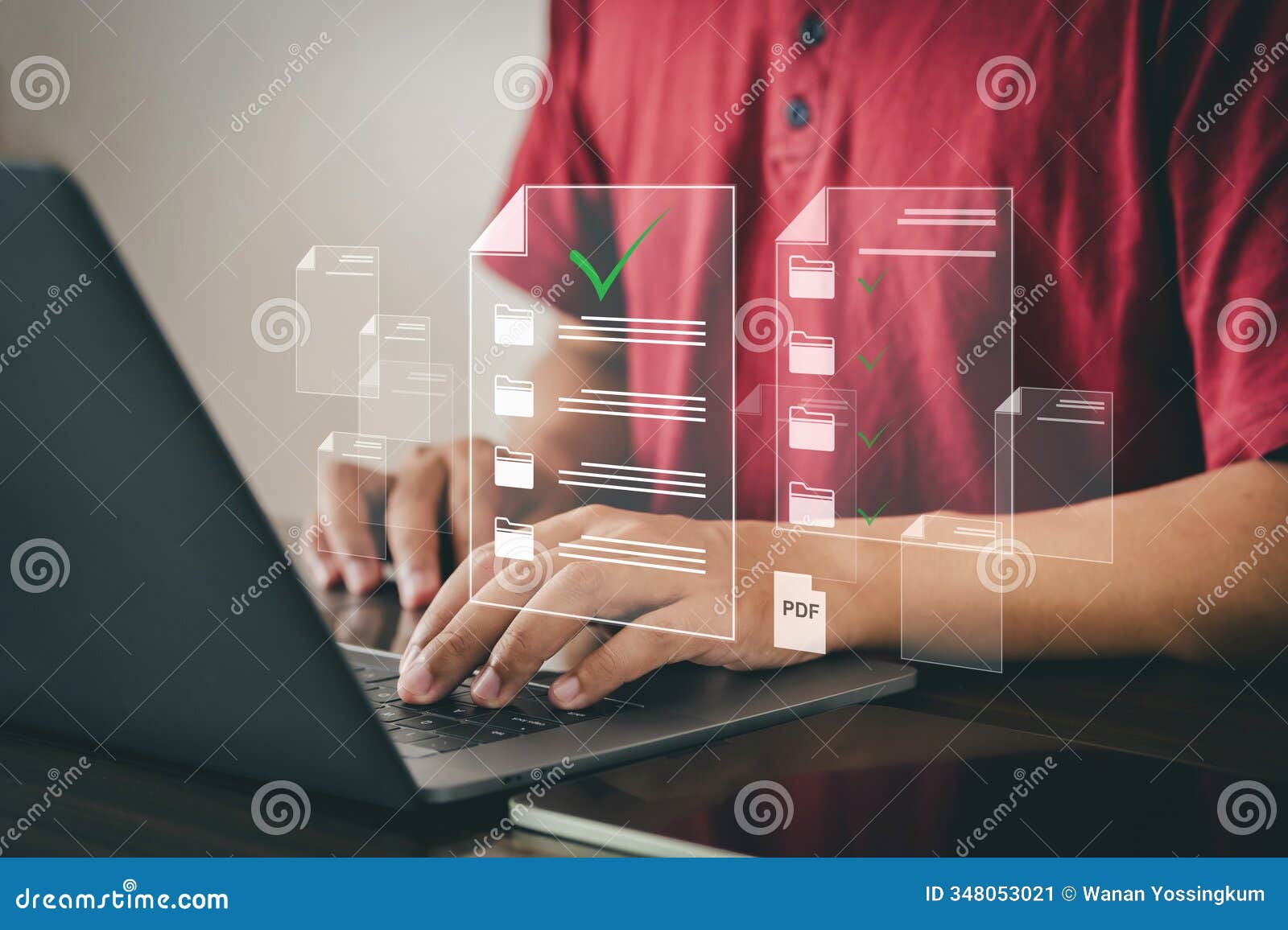 One Person is Using a Computer. Digital Document Management Concept on Virtual Screen Stock ...