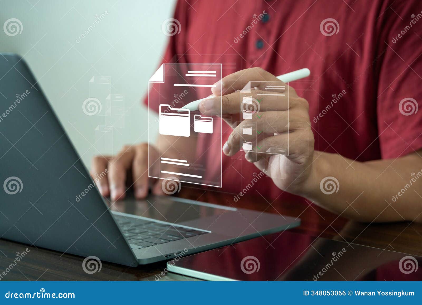 One Person is Using a Computer. Digital Document Management Concept on ...