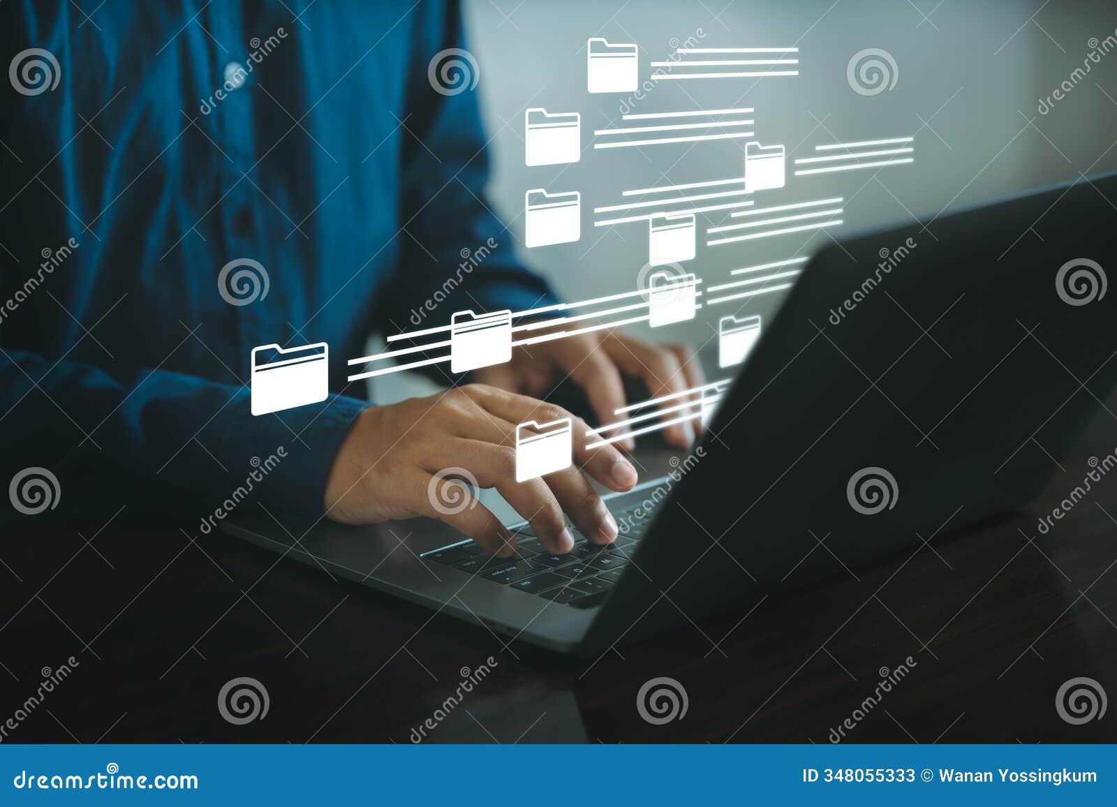 One Person is Using a Computer. Digital Document Management Concept on Virtual Screen Stock ...