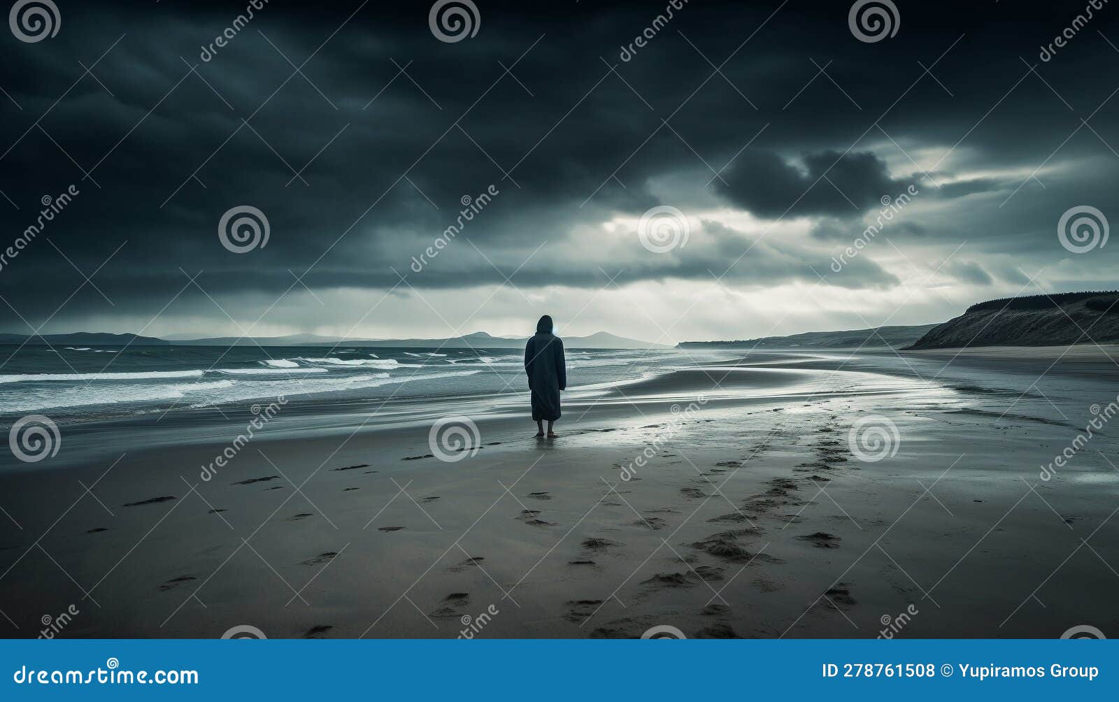 One Person Walking on the Coastline, Enjoying Solitude and Tranquility ...
