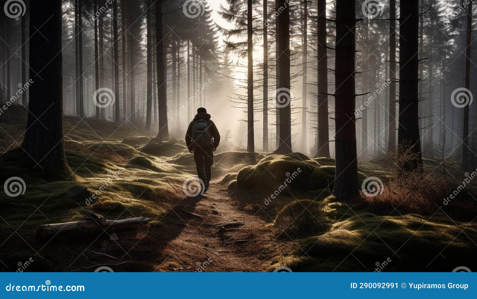 One Person Walking through Foggy Forest, Embracing the Tranquil ...