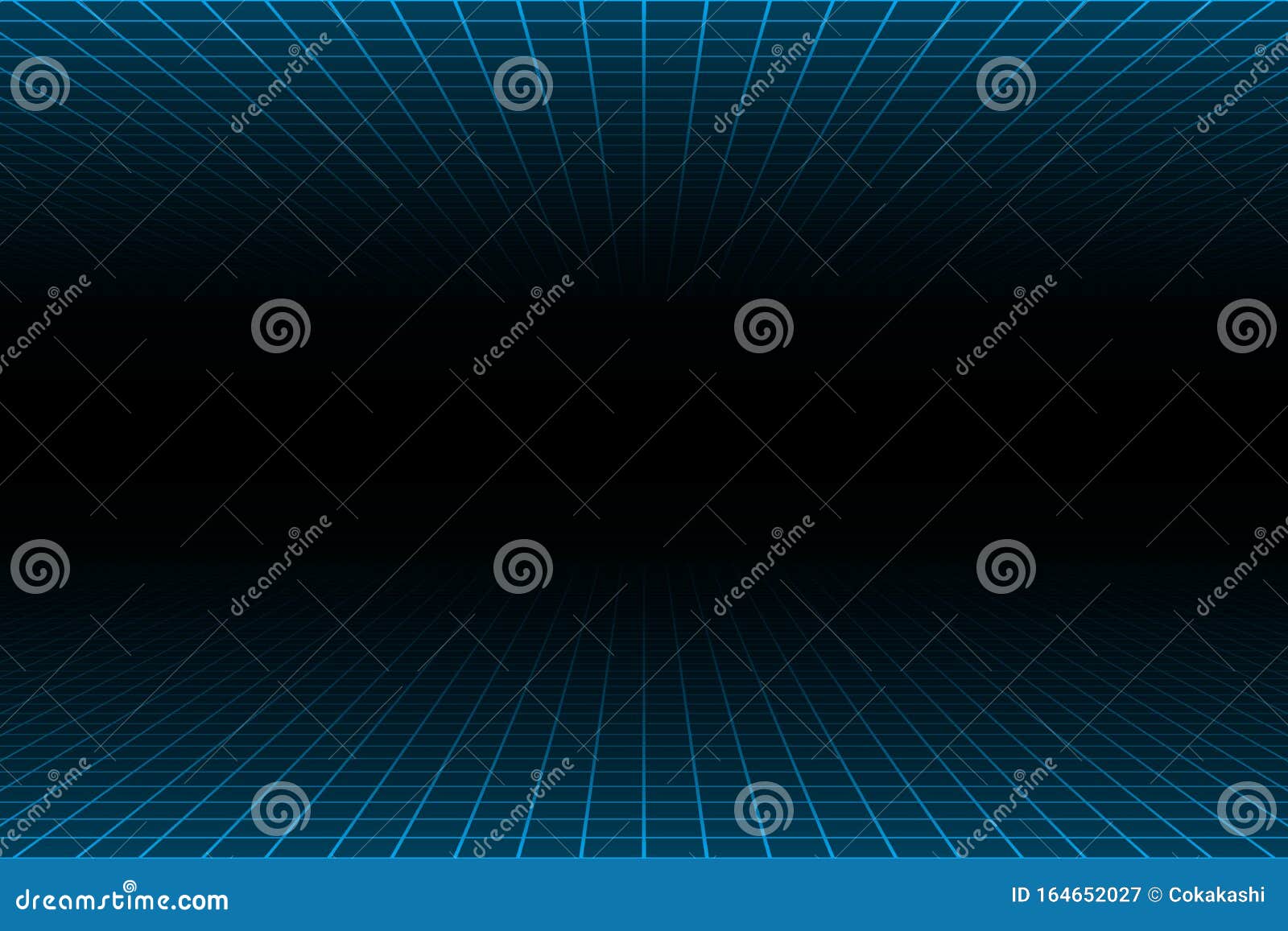 One Point Perspective Blue Light Over and Under Grid on Dark Background ...