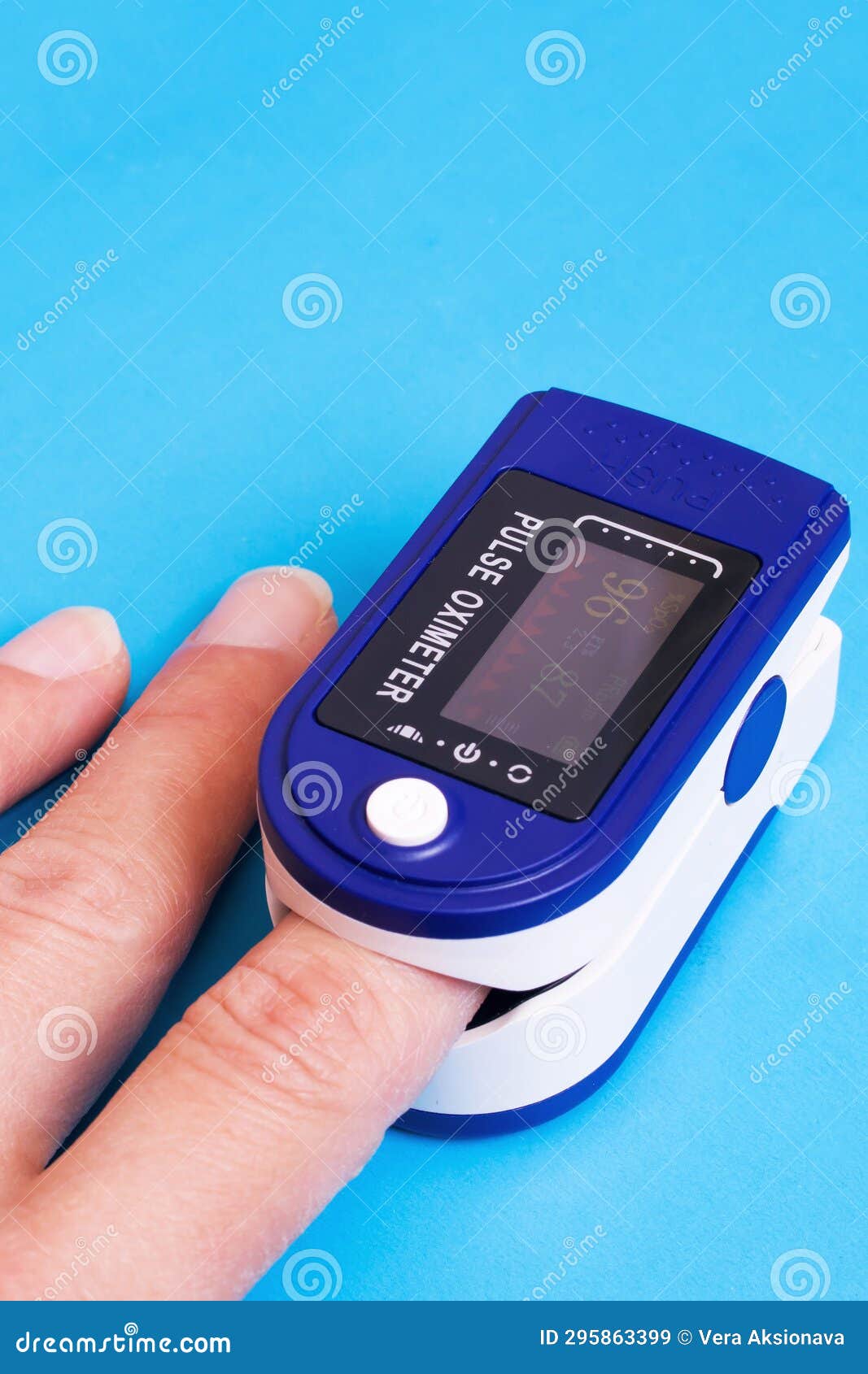 One Pulse Oximeter on Finger on Blue Background Stock Image - Image of ...