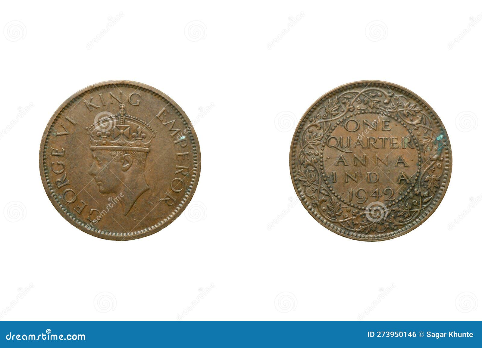 One Quarter Ana Coin 1945 India Front and Back Stock Photo - Image of ...
