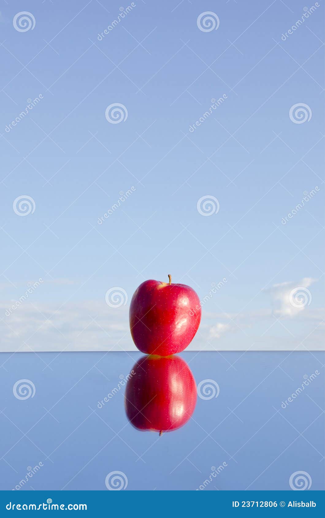 One Red Apple on Mirror and Sky Stock Photo - Image of vitamin, blue ...