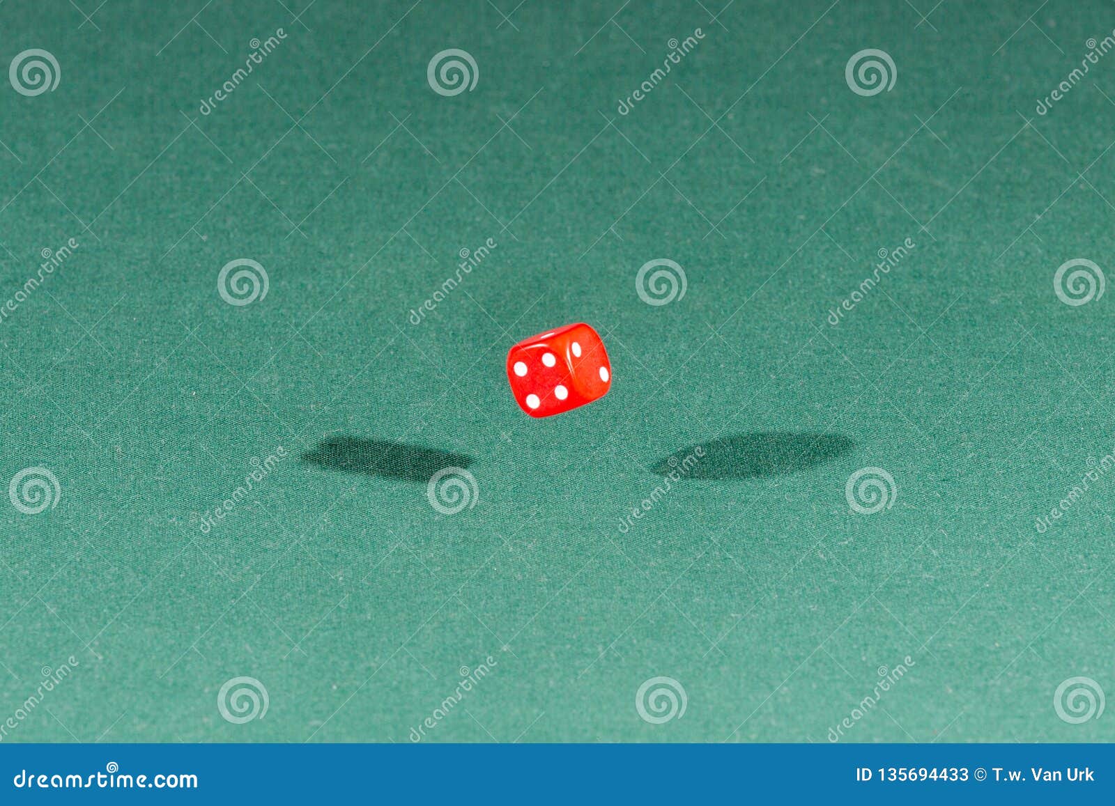 One Red Dice Falling on a Green Table Stock Image - Image of closeup ...