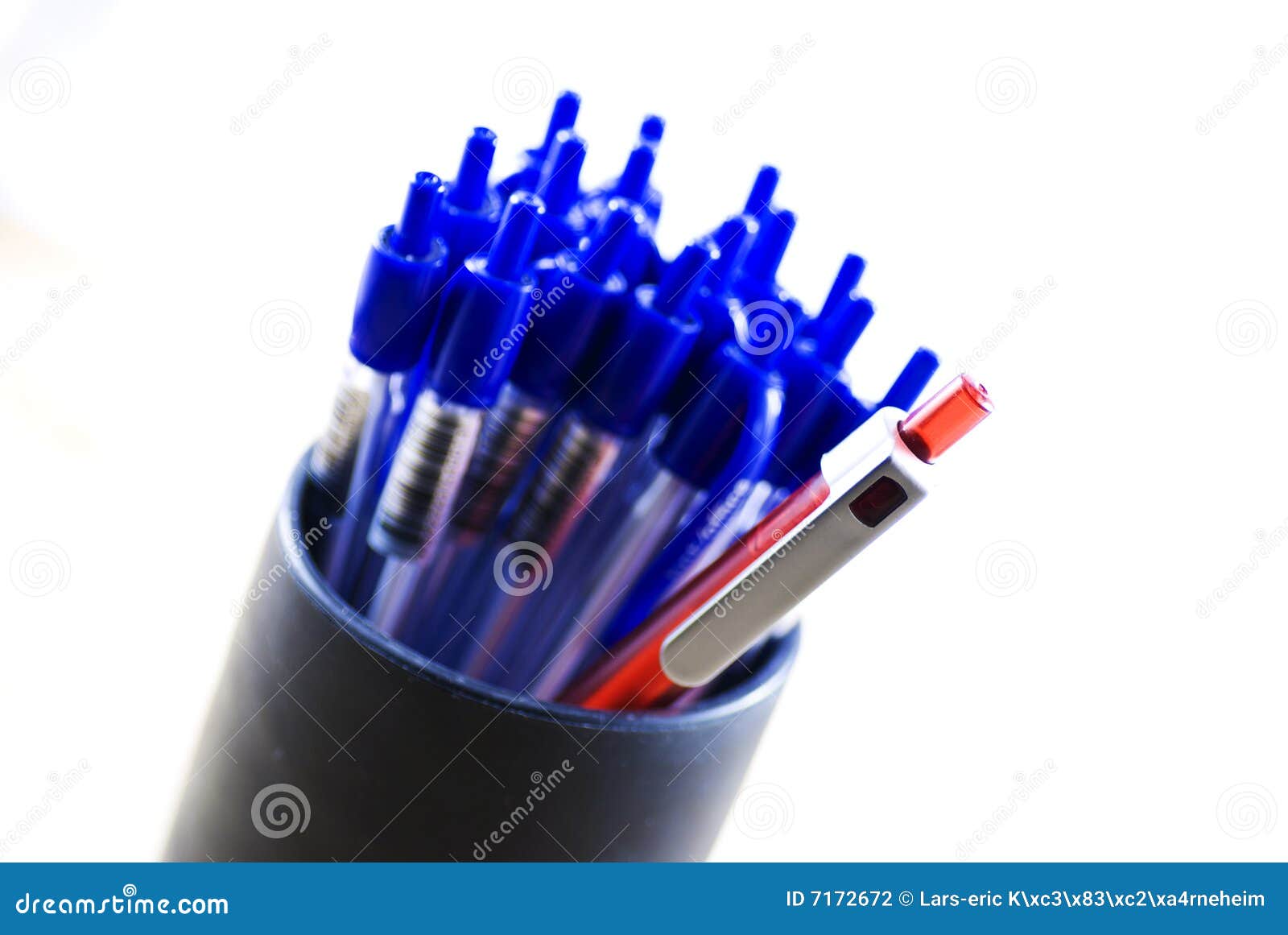 One red and many blue pens stock photo. Image of writing - 7172672