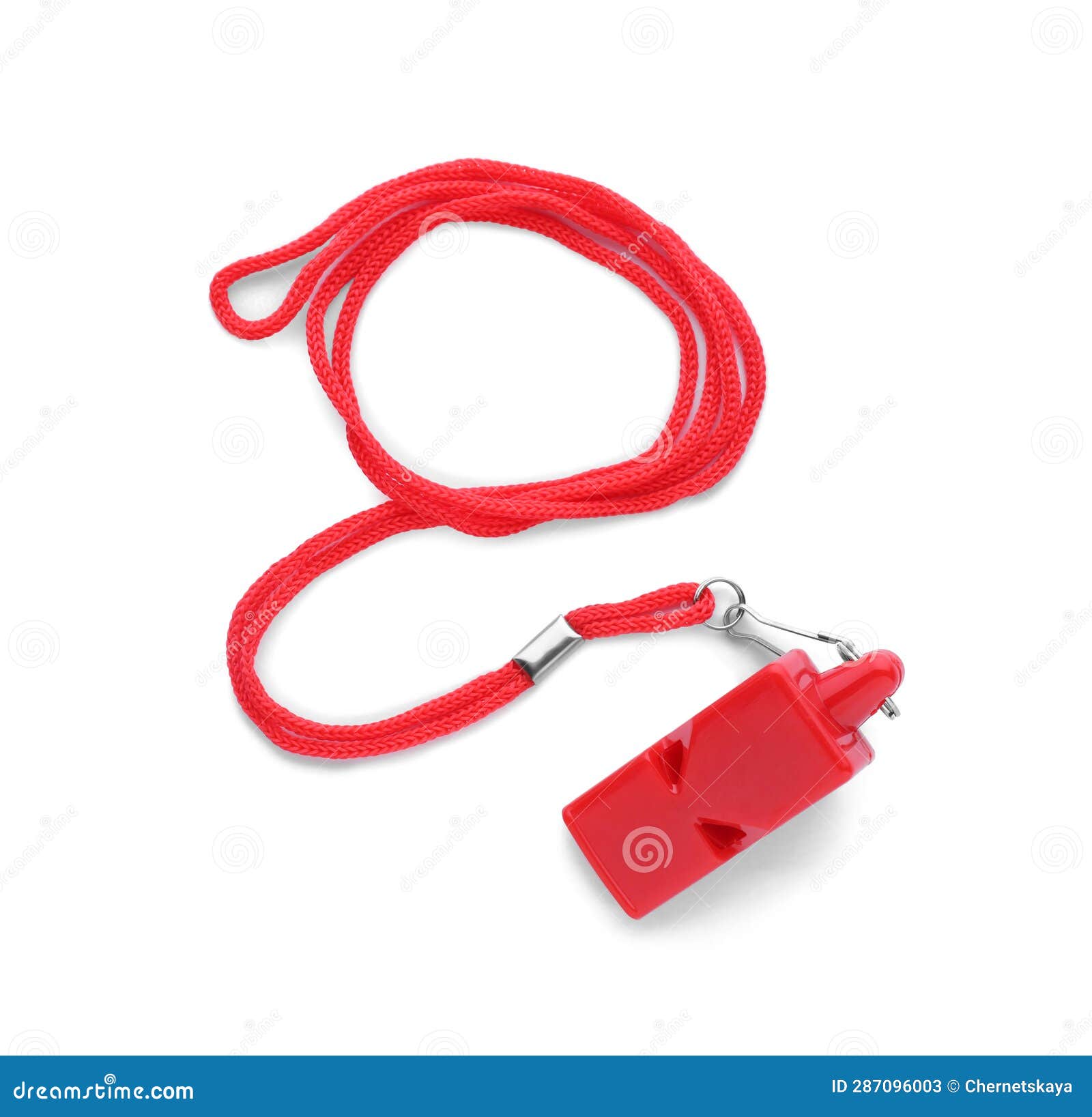 One Red Plastic Whistle with Cord Isolated on White, Top View Stock ...