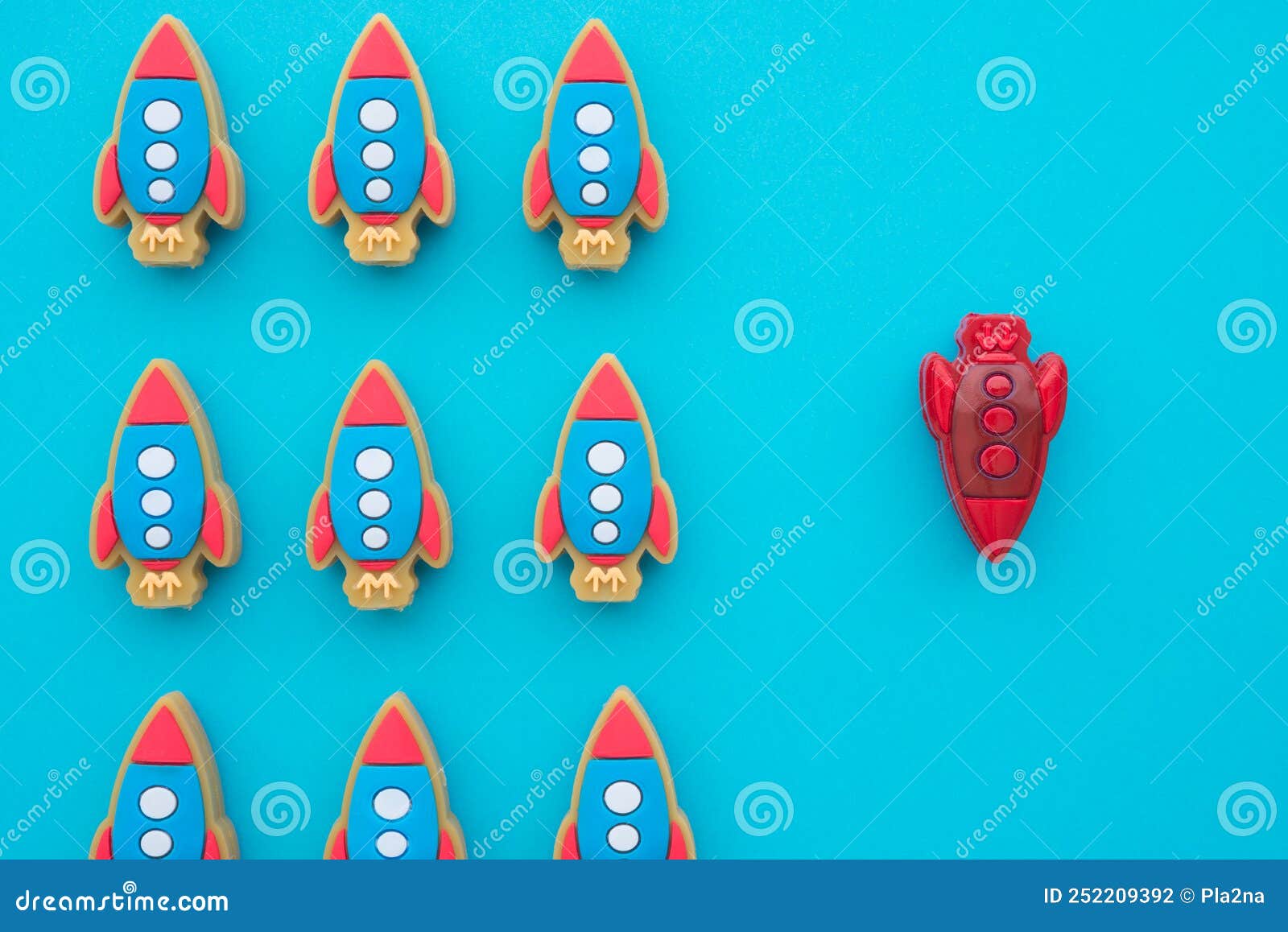 One Rocket Fly Turning In Another Path Direction On Blue Background ...