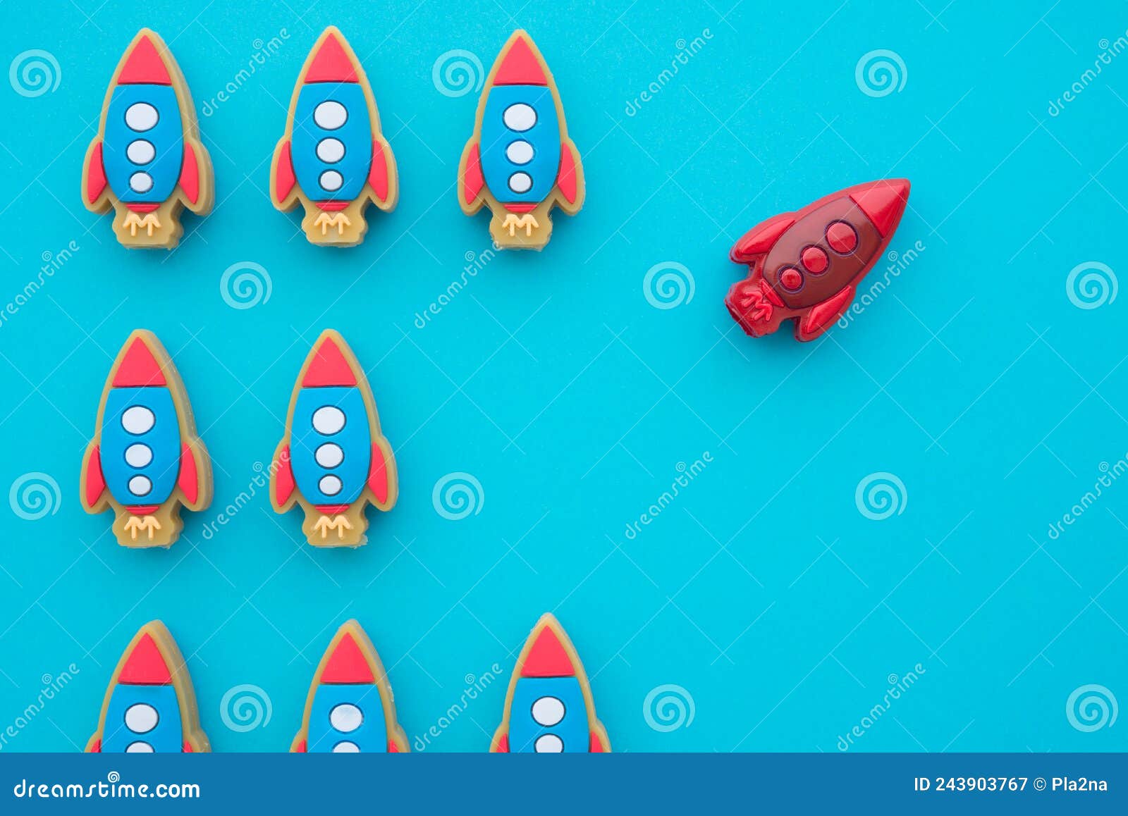 One Red Rocket Fly Turning In Another Path Direction On Blue Background ...