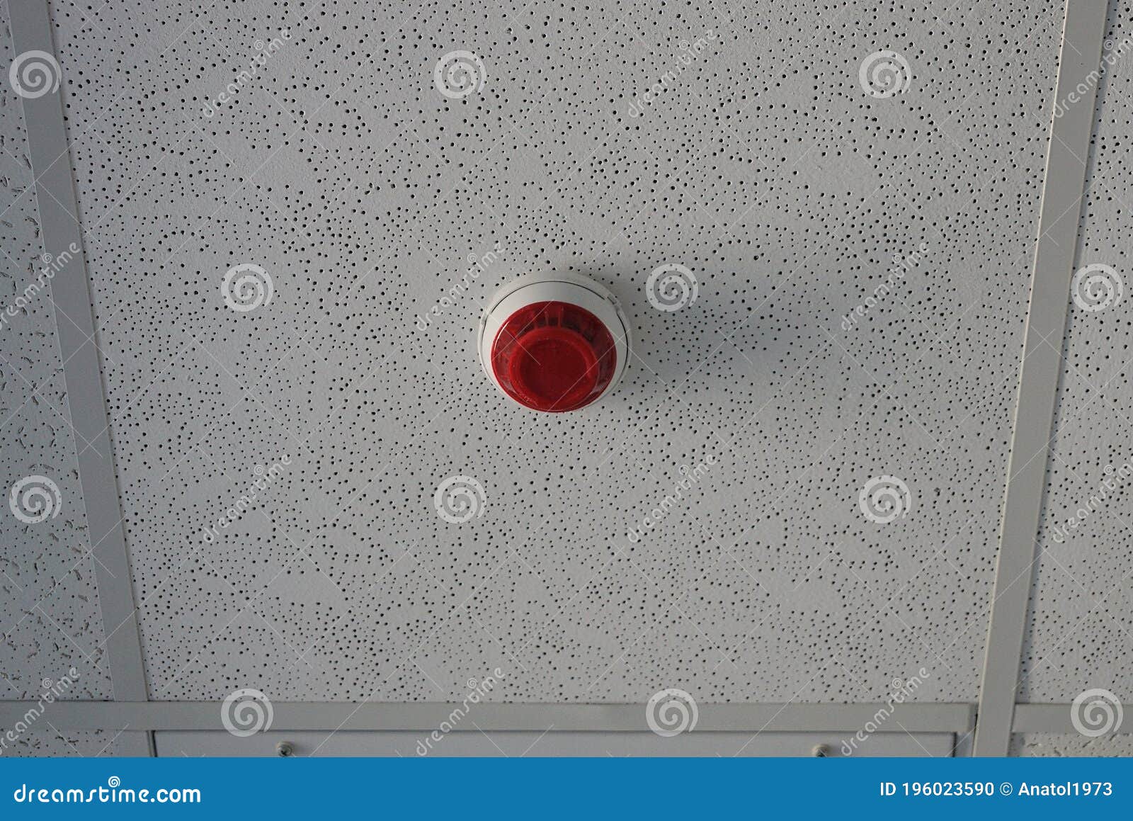 One Red Round Plastic Alarm on the Gray Ceiling Stock Photo - Image of ...