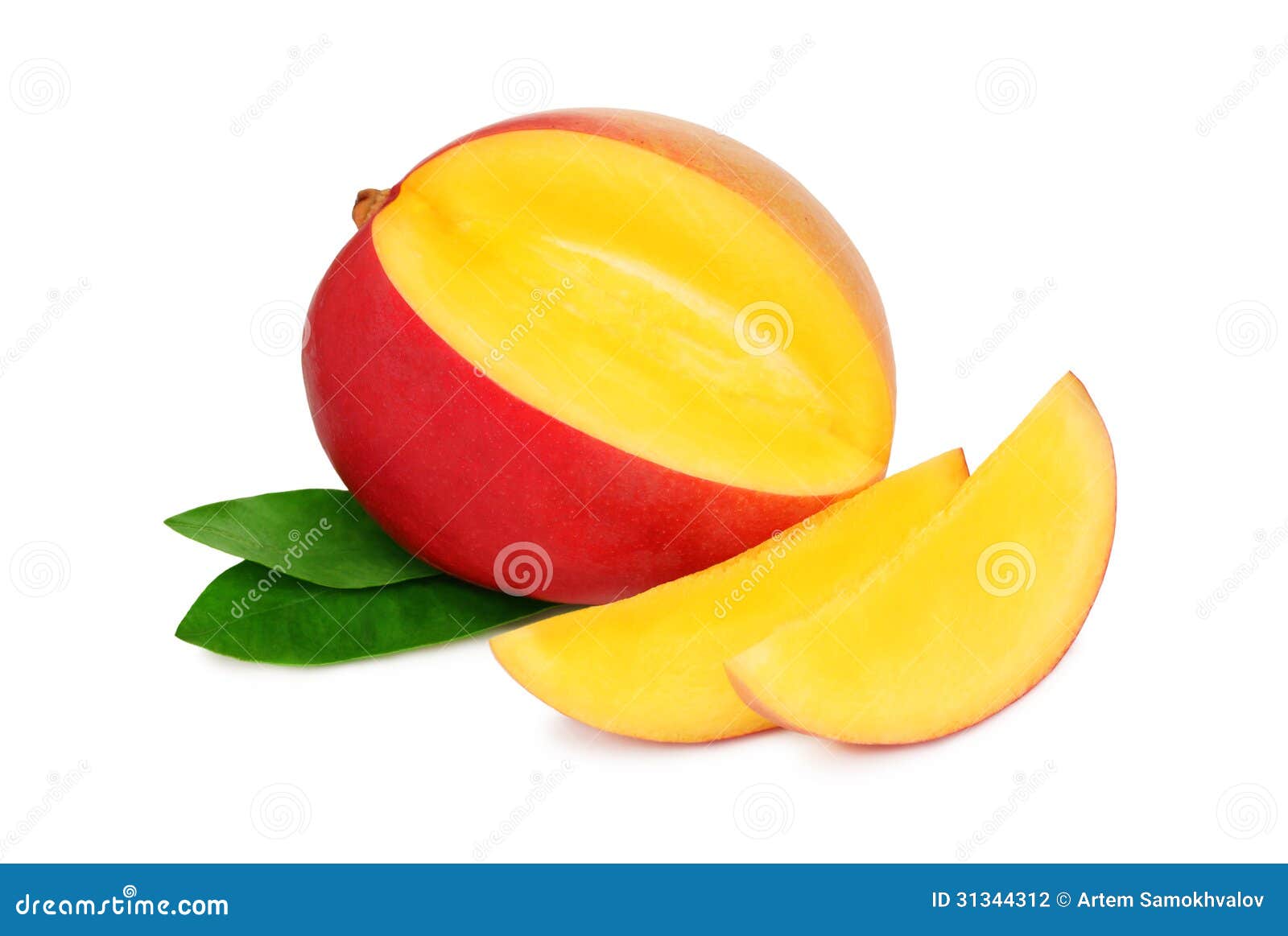 One Ripe Mango with Slices on White Background Stock Photo - Image of ...