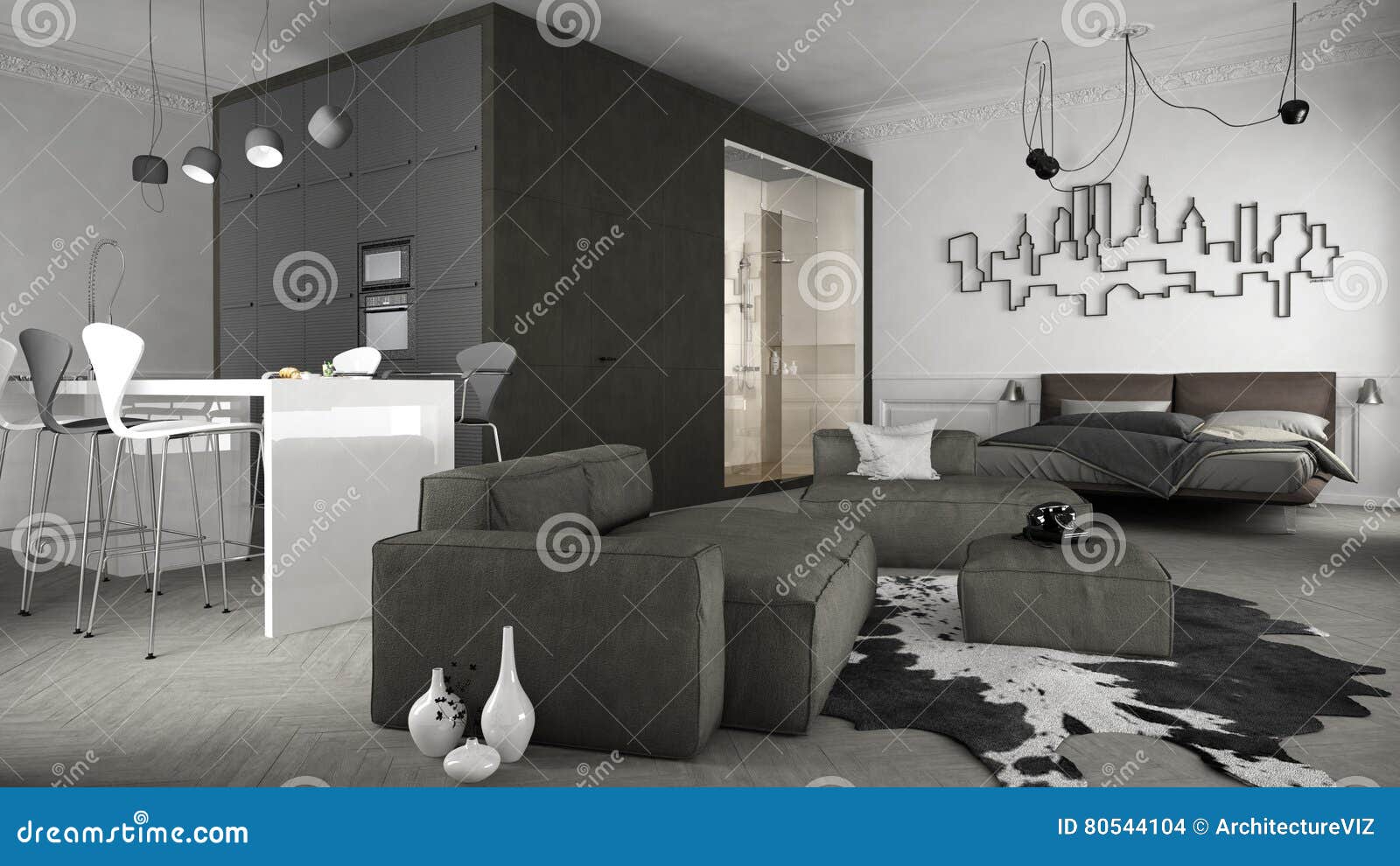One-room Apartment, Interior Design Stock Photo - Image of house ...