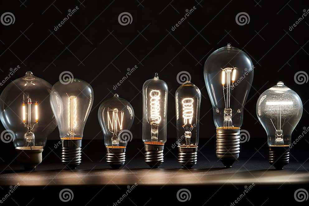 One Row of the Evolution of Electric Light Bulbs Glowing on a Black ...