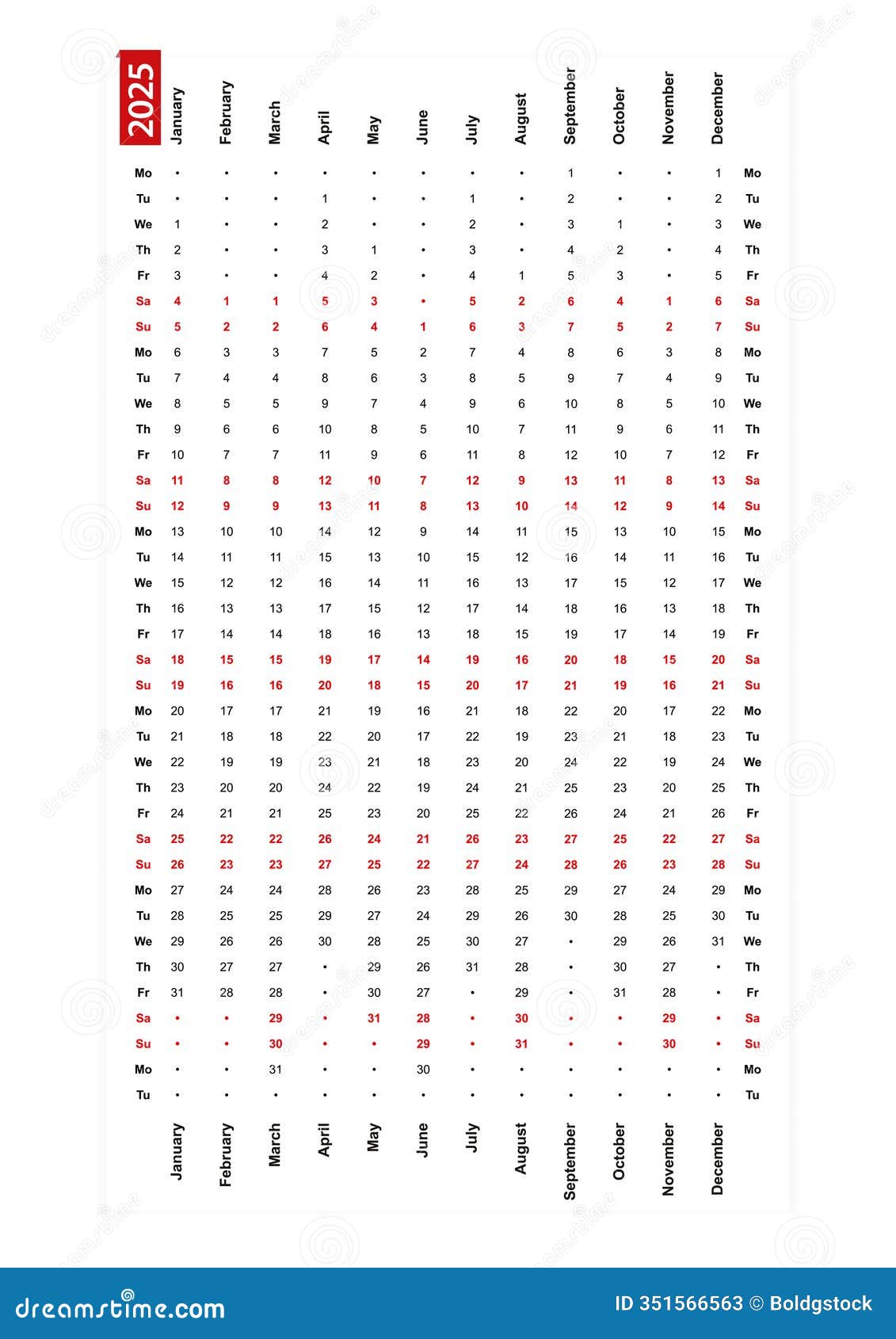 One Row Vertical Calendar 2025, Monday First Day of the Week Stock ...
