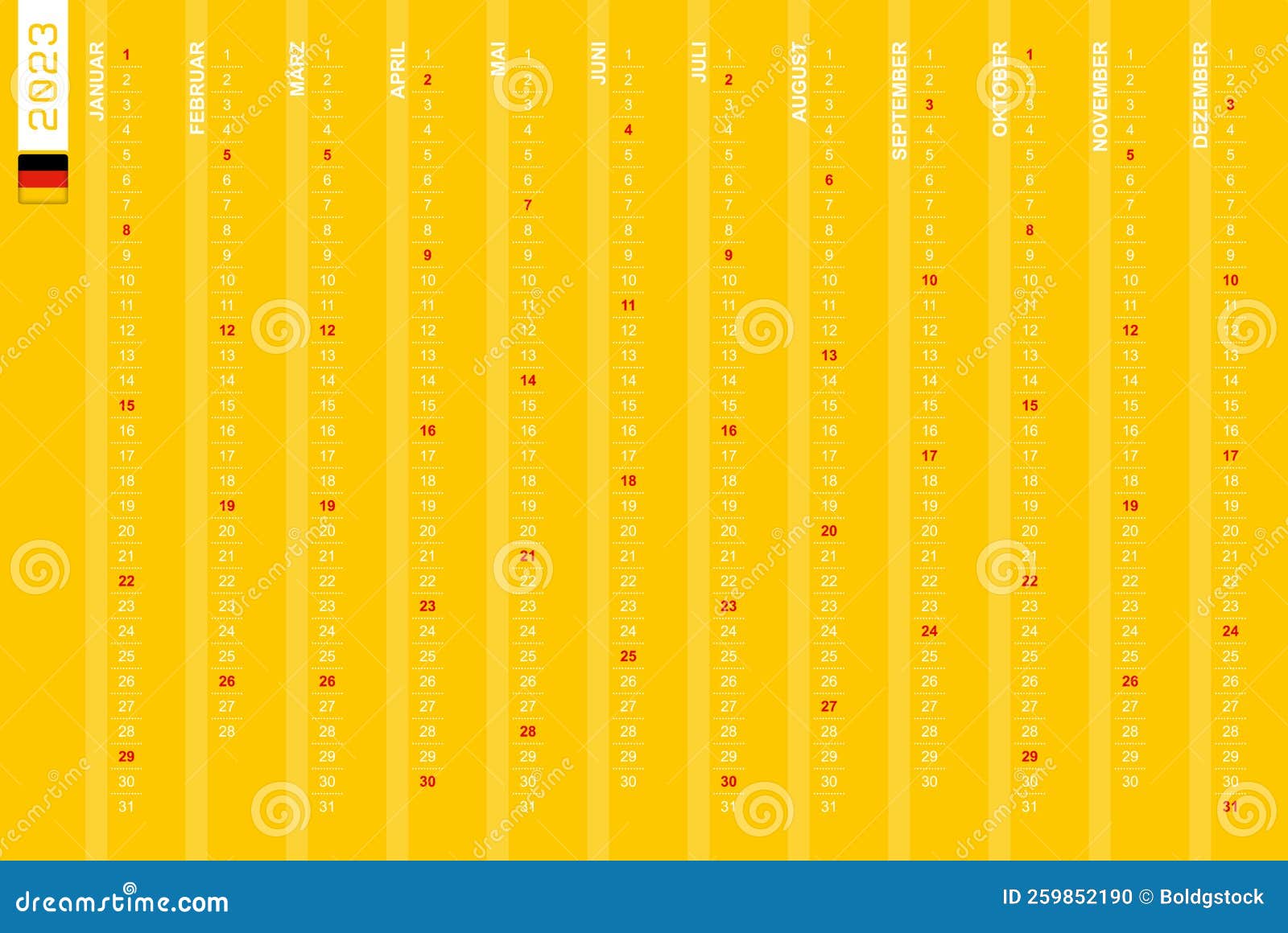 One-row Vertical Calendar for the Year 2023 in German. German Calendar ...