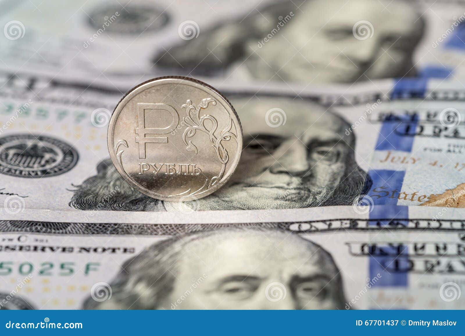 One ruble coin on dollars stock image. Image of russian - 67701437