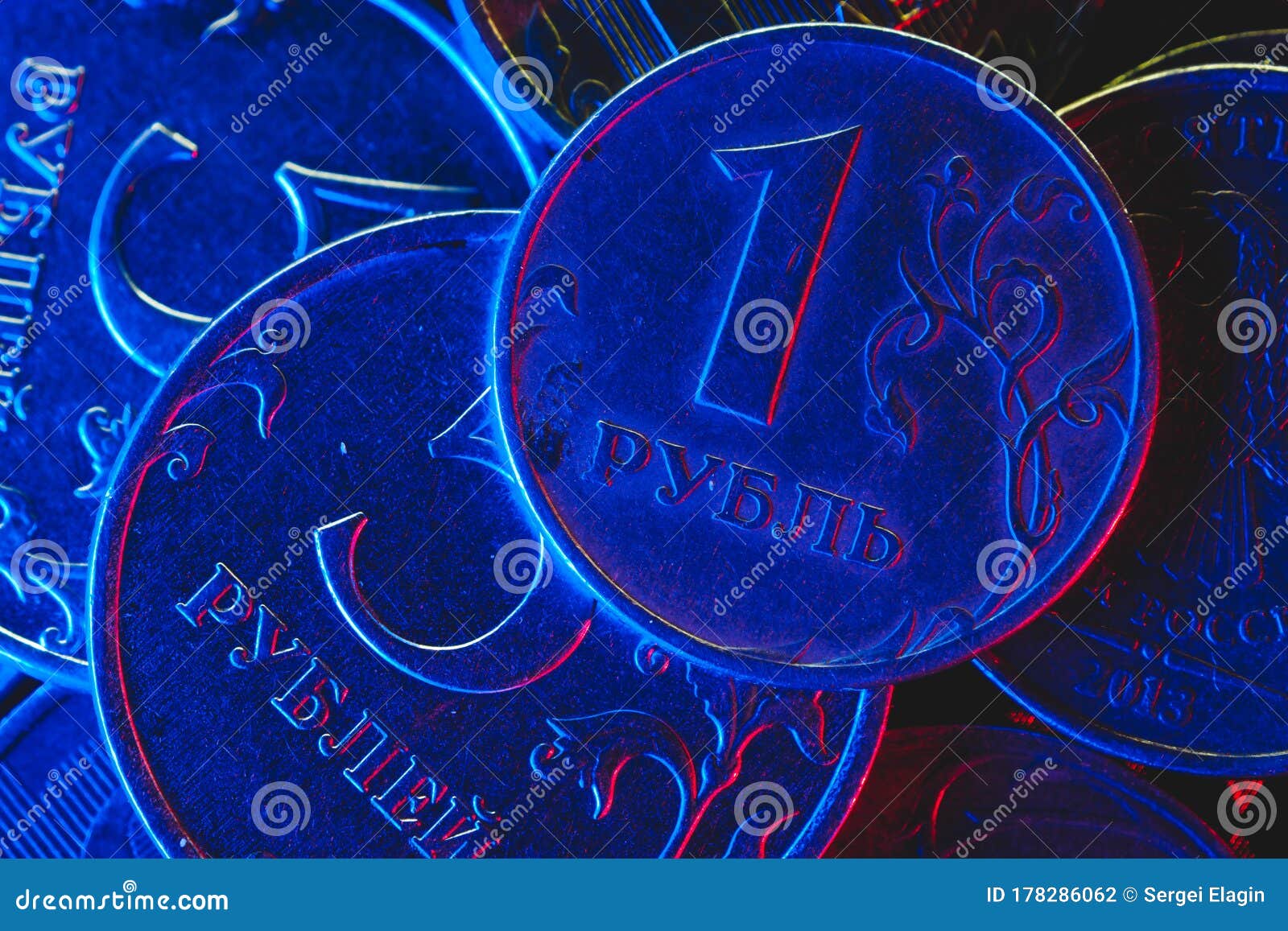 One Ruble Coins in Blue Red Light Stock Photo - Image of budget, neon ...