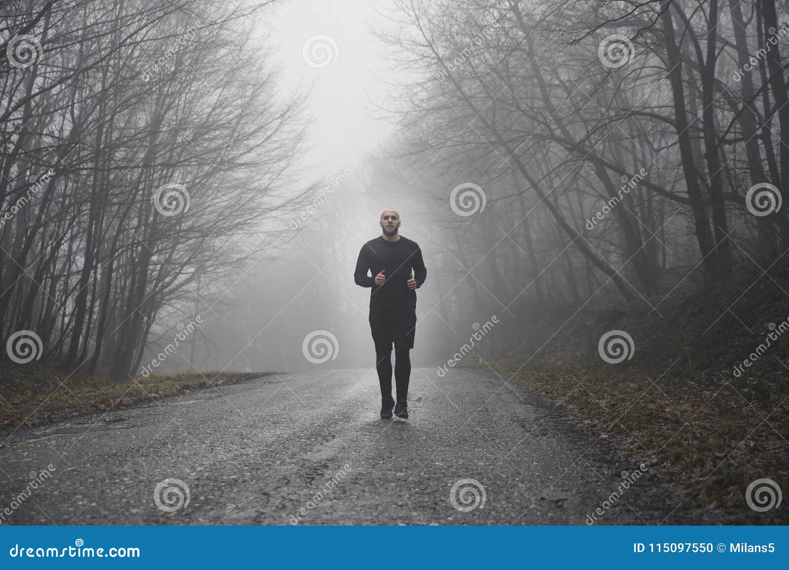 One Runner Jogging, Outdoors Mist Fog, Mysterious Forest. Stock Photo ...