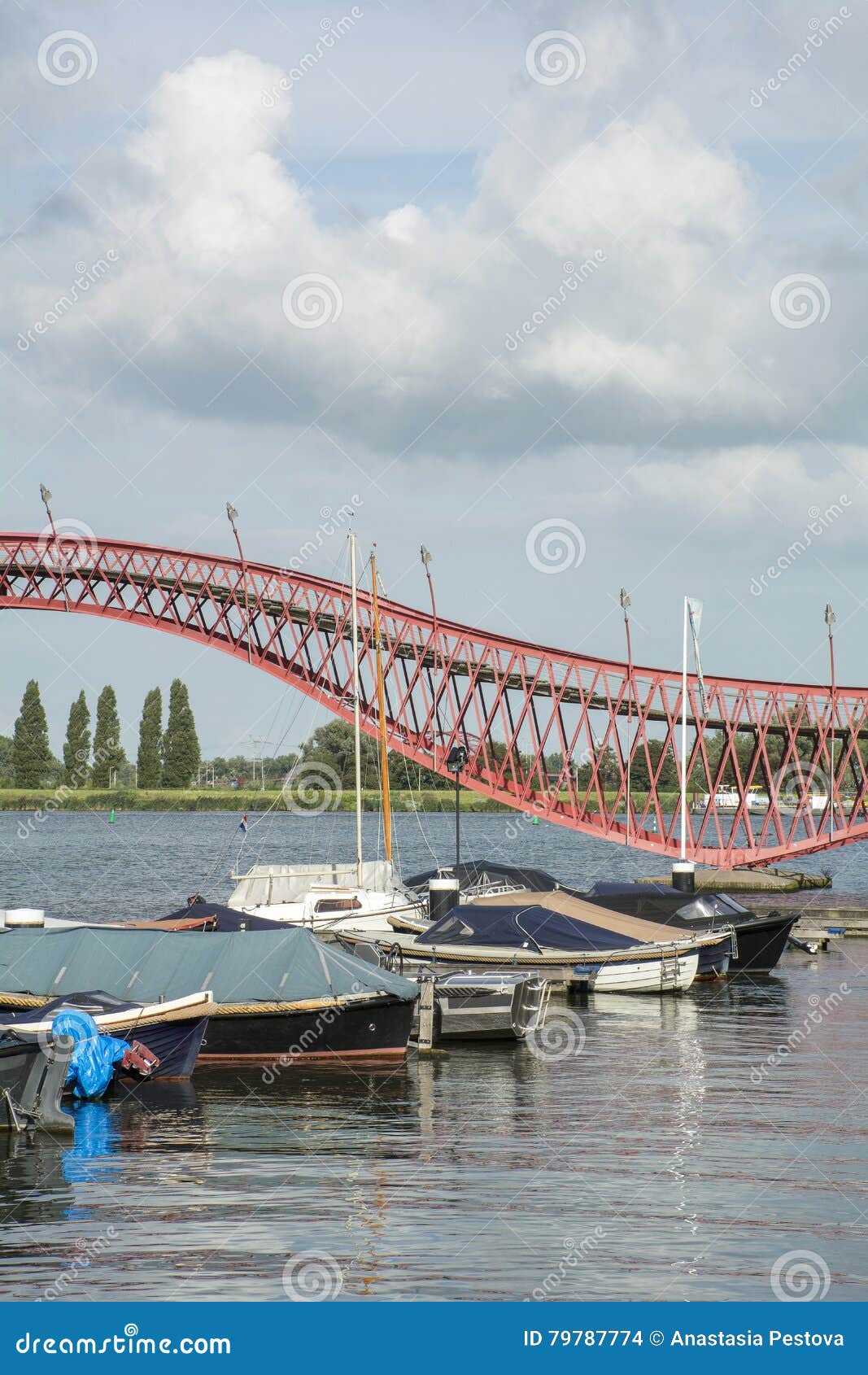 One Section of Modern Red Pedestrian Bridge Over the River Stock Photo ...