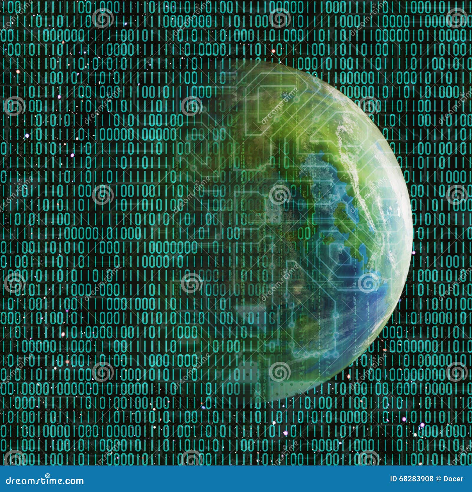One Side Earth Planet with Digital Matrix Background Stock Illustration ...