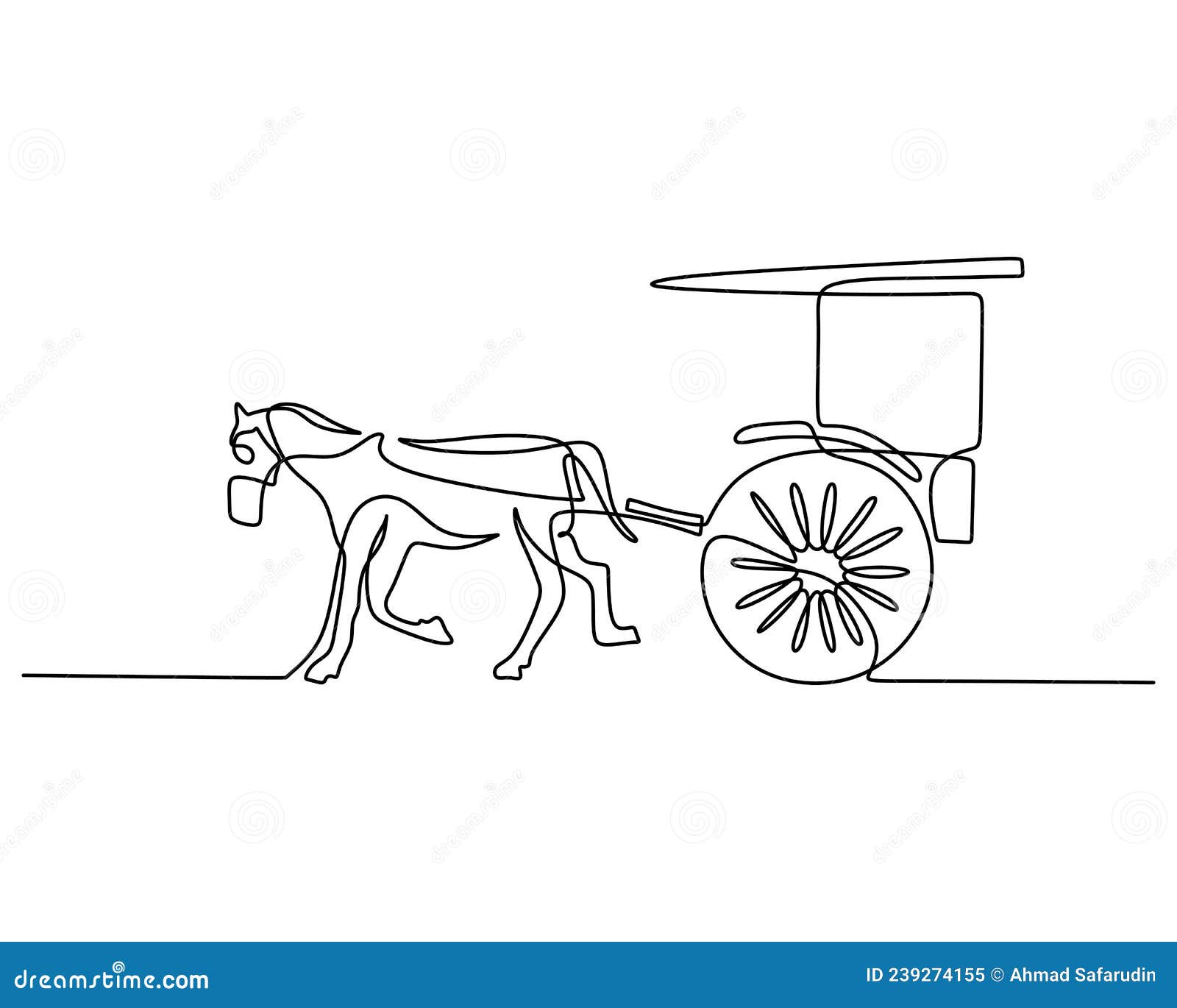 One Single Continuous Line of Wagon Carriage with Horse Pulling it ...