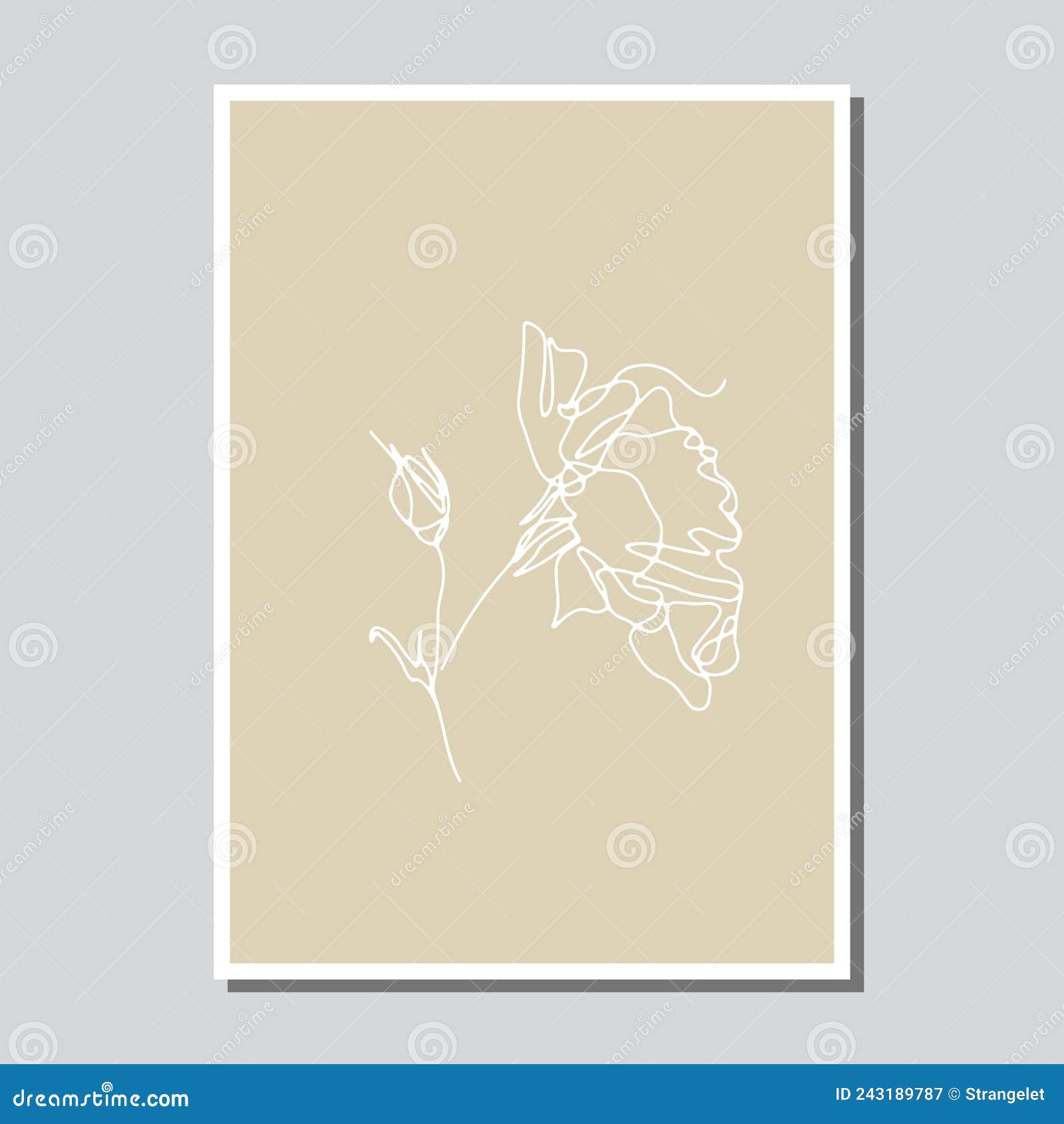 One Single Line Drawing Rose Flower On Earthy Background Card Template