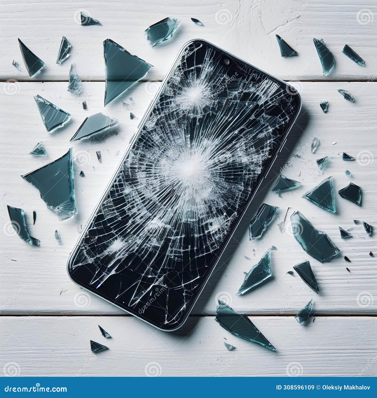 One Single Shattered Smartphone Screen on White Empty Wooden Table Top ...