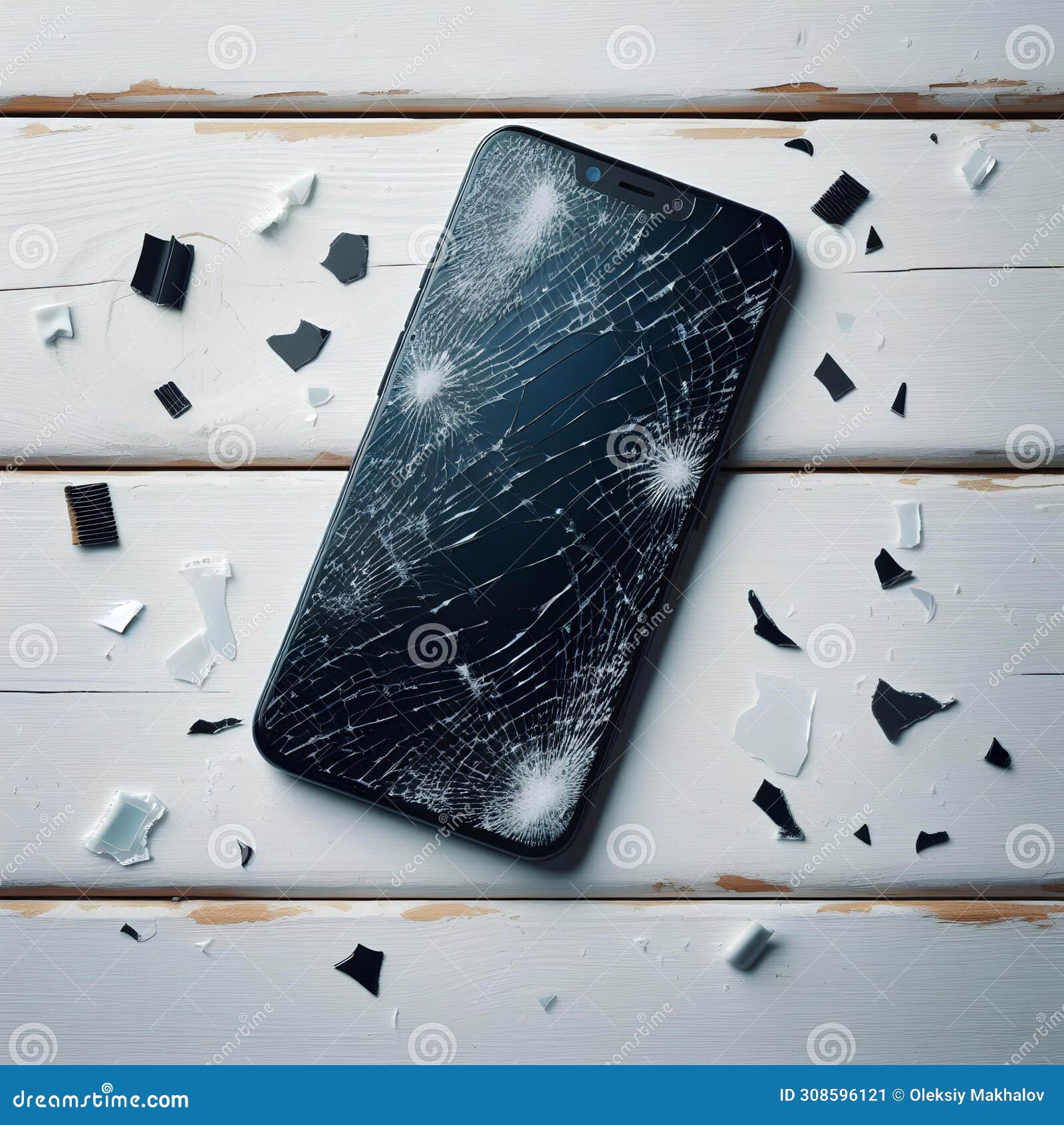 One Single Shattered Smartphone Screen on White Empty Wooden Table Top ...