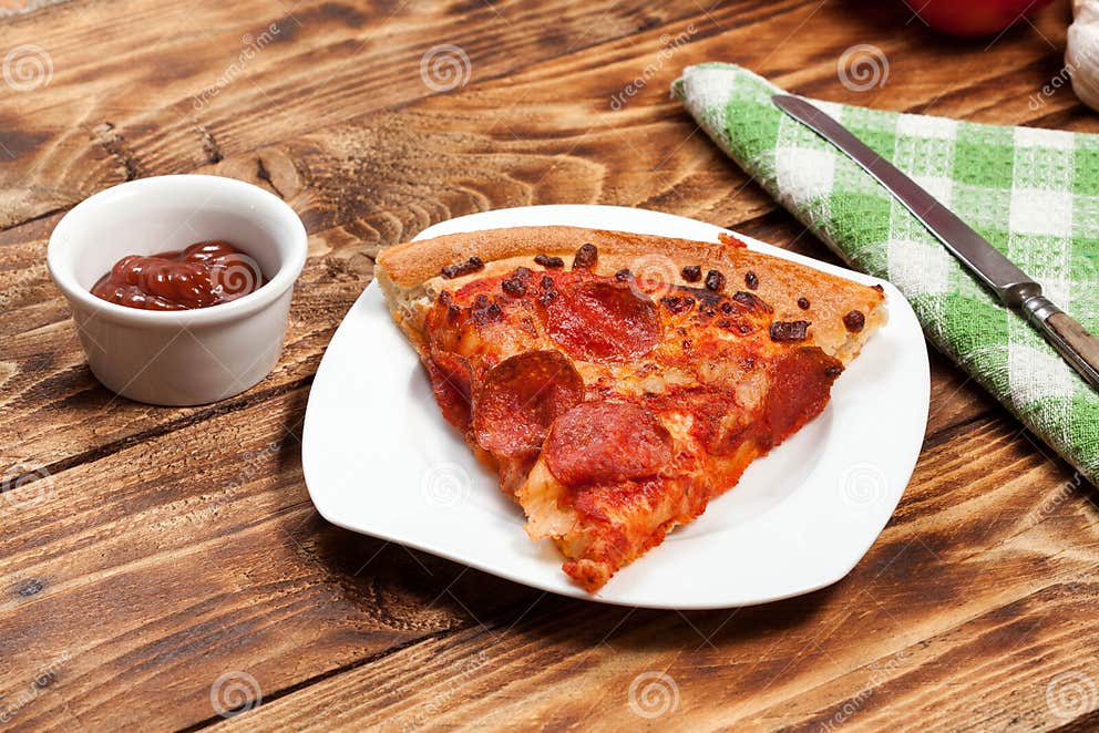 One slice of pizza. stock photo. Image of plate, meat - 42170124