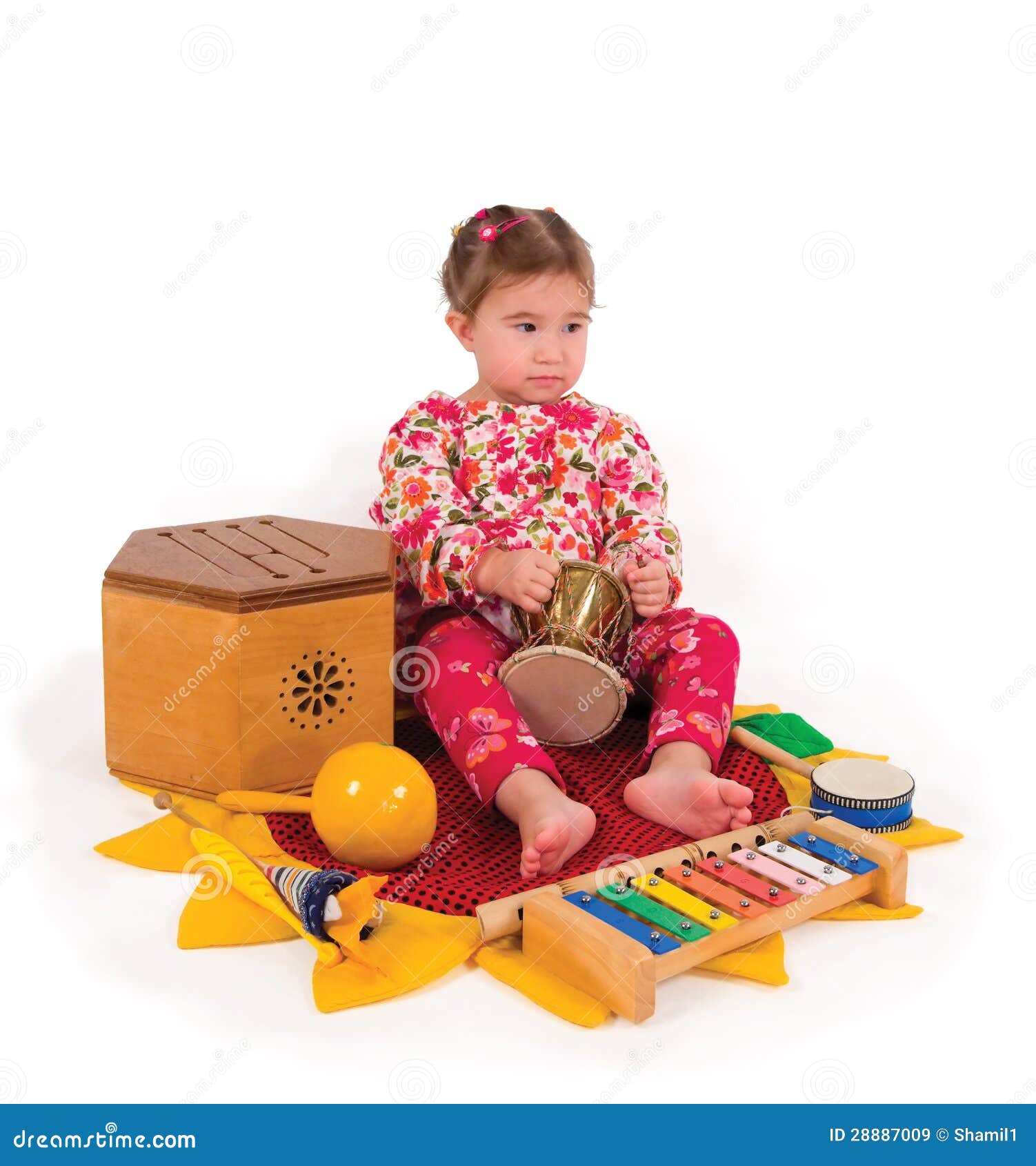 One Small Little Girl Playing Music. Stock Image - Image of drum ...