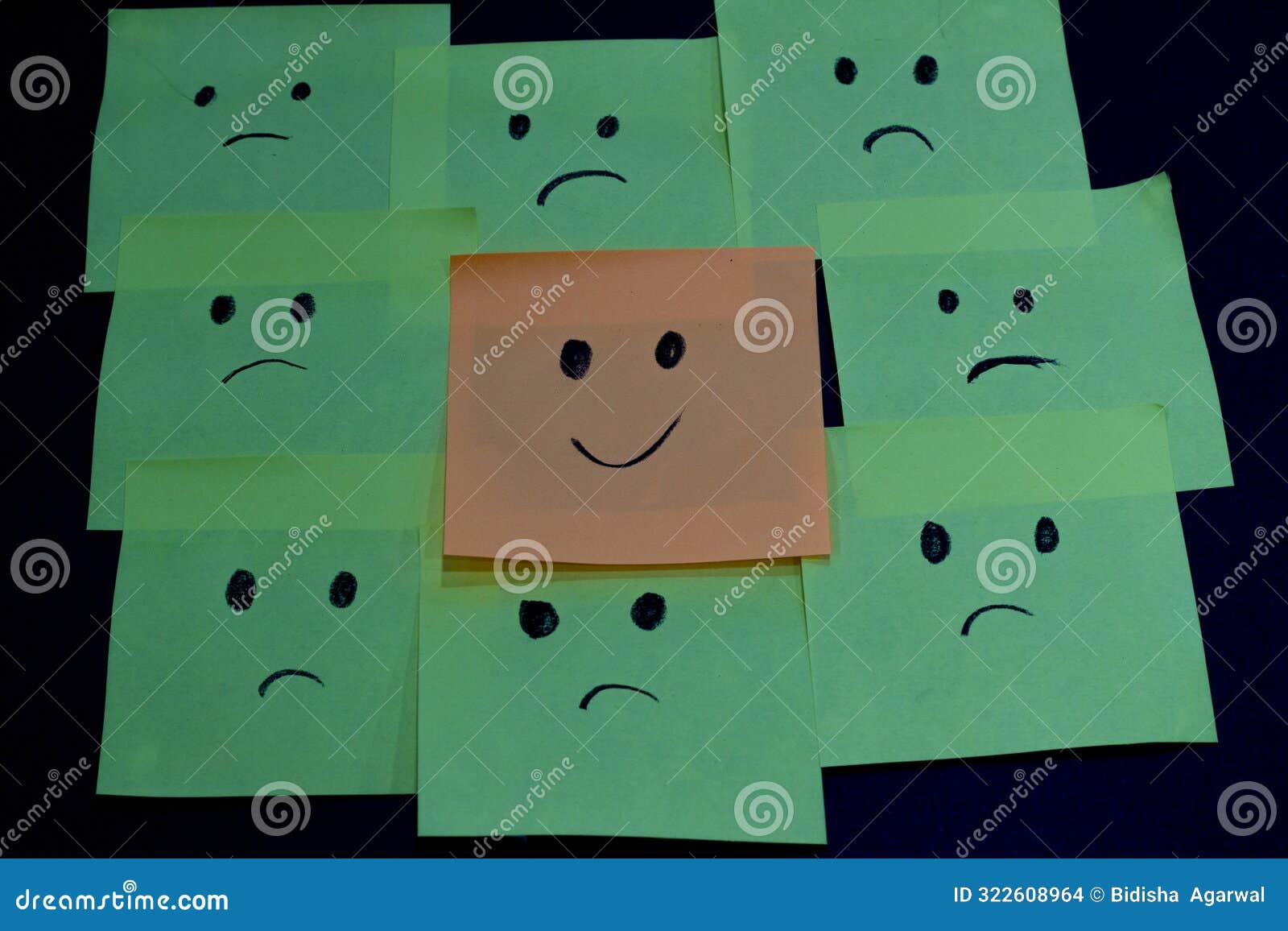 One Smiley Face Amongst All the Sad Faces Drawn on Sticky Notes Stock ...