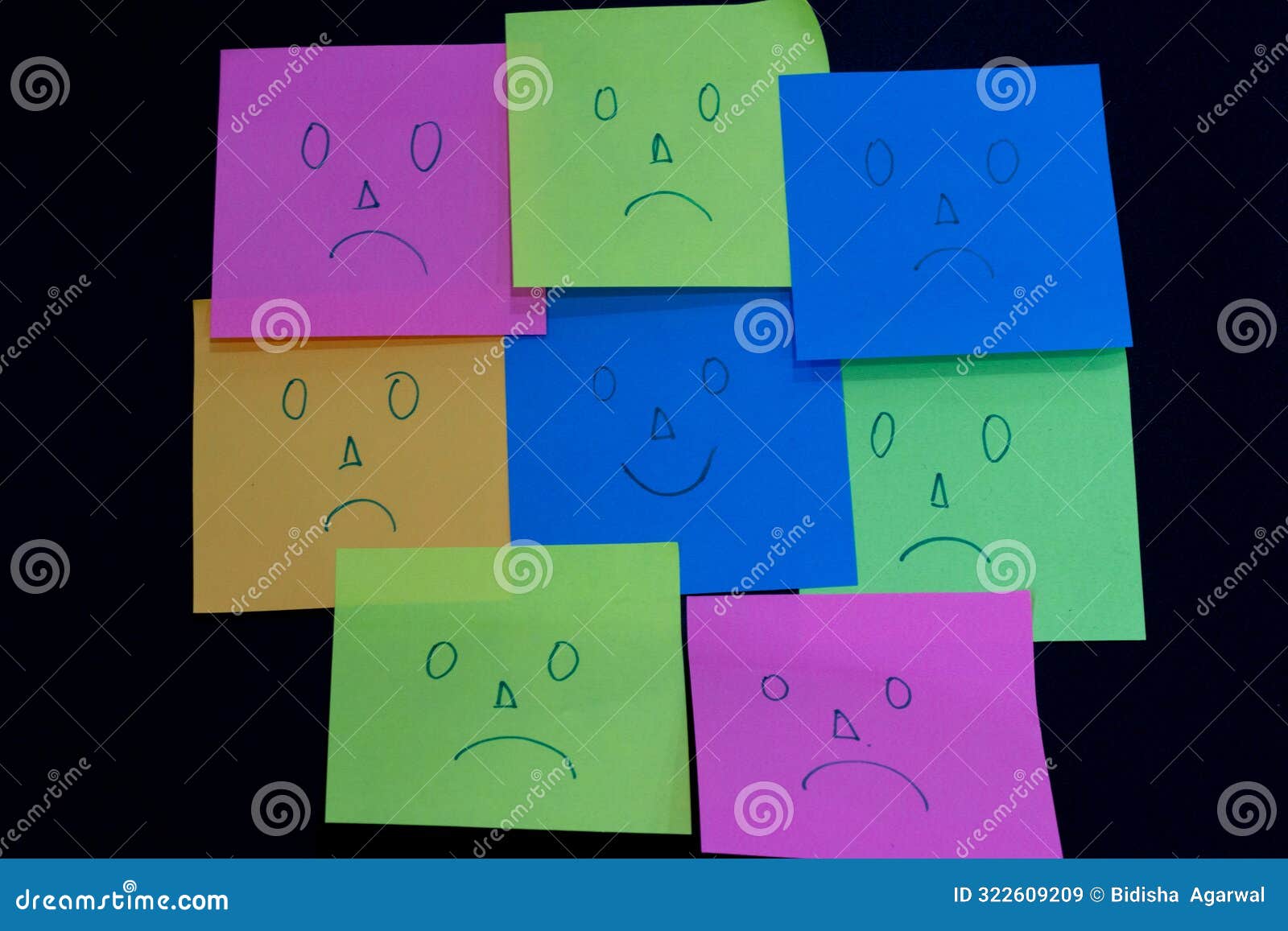 One Smiley Face Amongst All the Sad Faces Drawn on Sticky Notes Stock ...