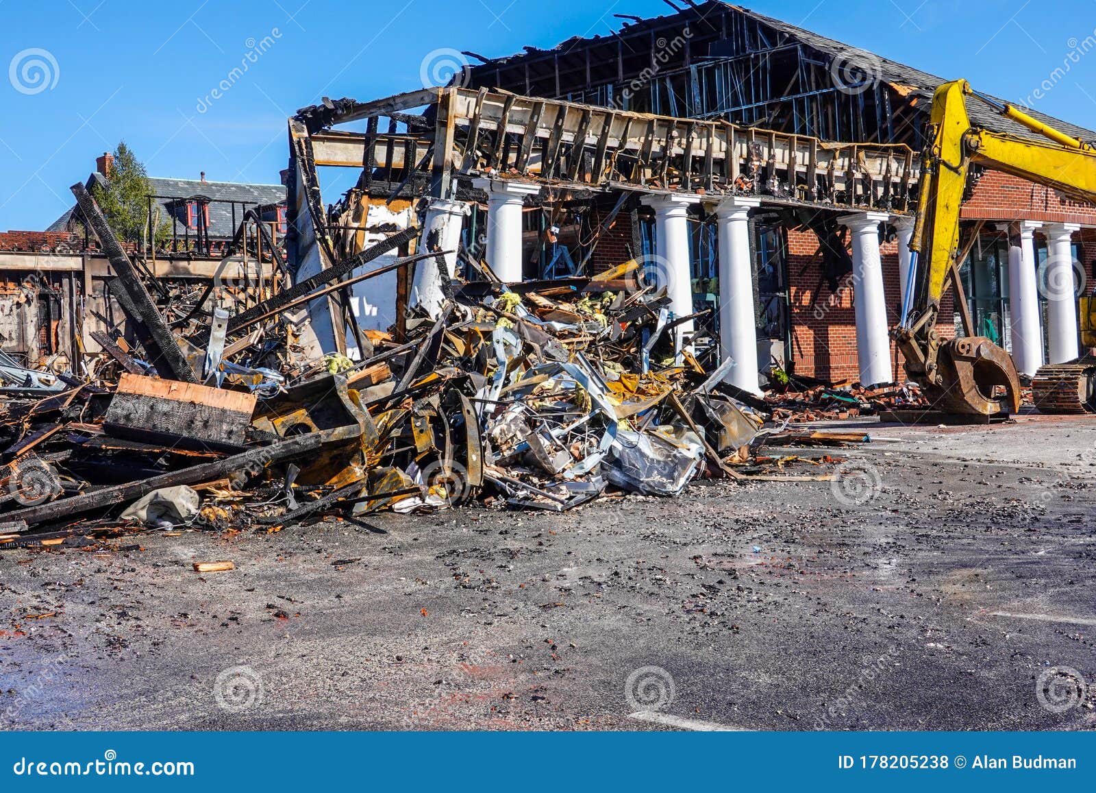 A One Story Building with White Columns Destroyed by Fire Full of ...