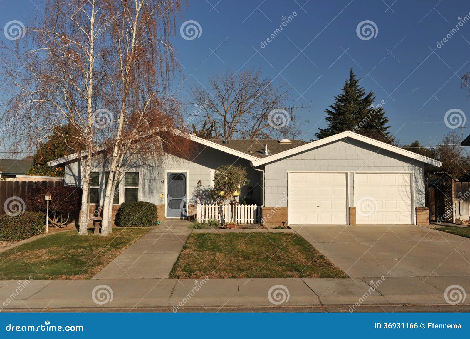 One Story House with Sidewalk and Trees on Side Stock Photo - Image of ...