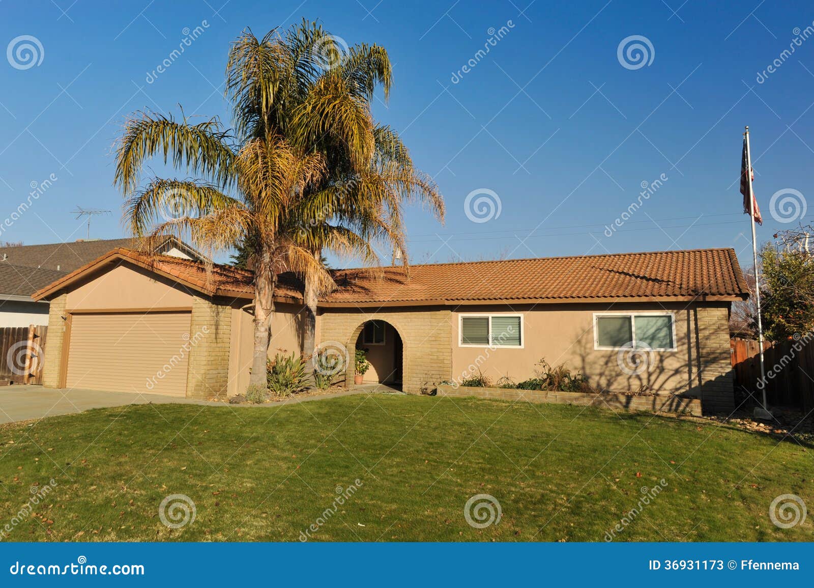 One Story House with Sidewalk and Trees on Side Stock Image - Image of ...