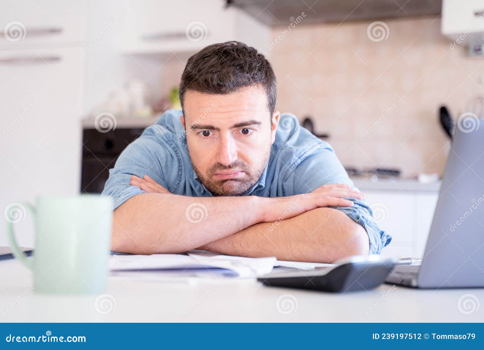 One Stressed Man Calculate Bills Worried About Bankruptcy Financial