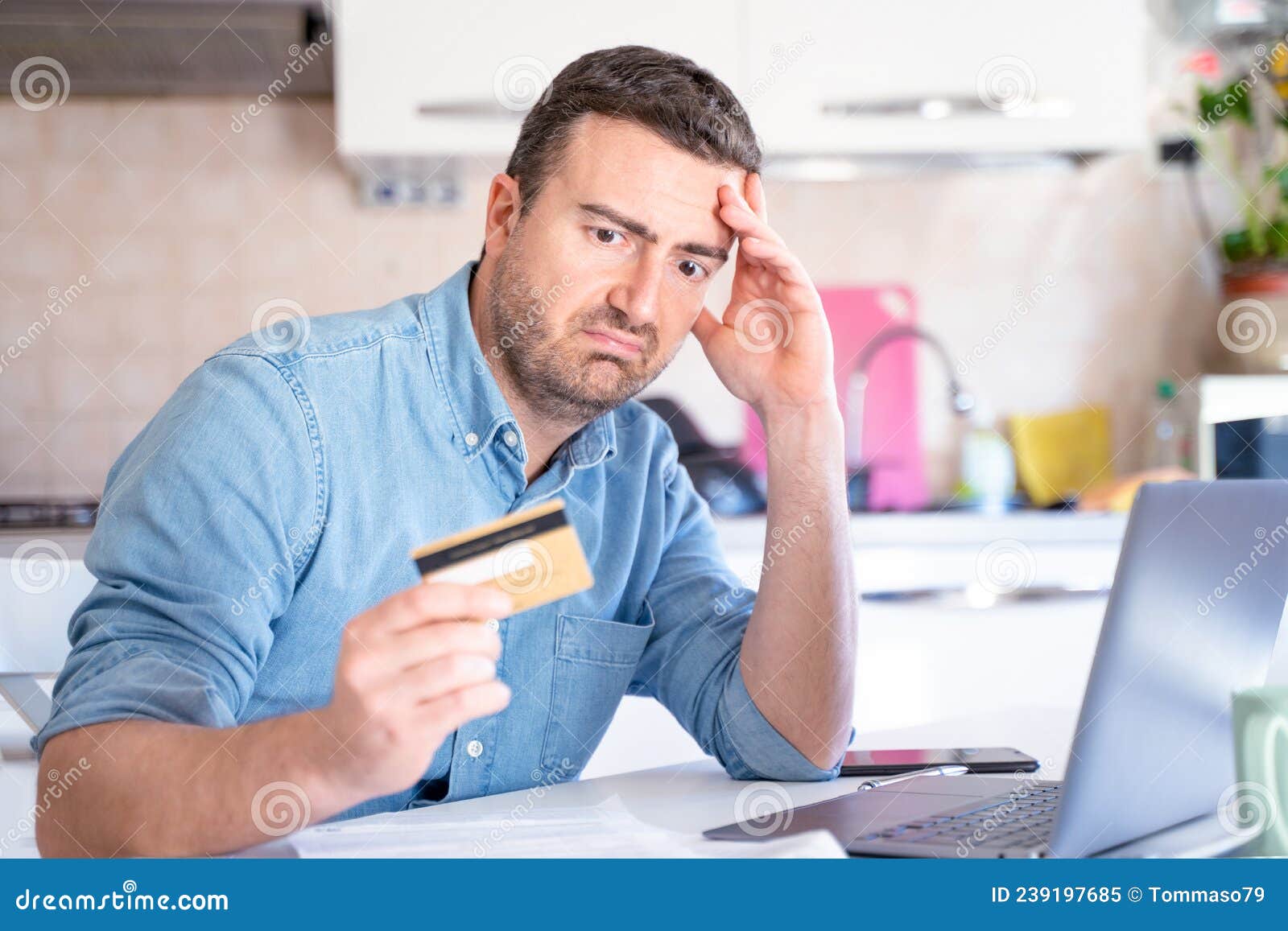 One Stressed Man Calculate Bills Worried About Bankruptcy Financial