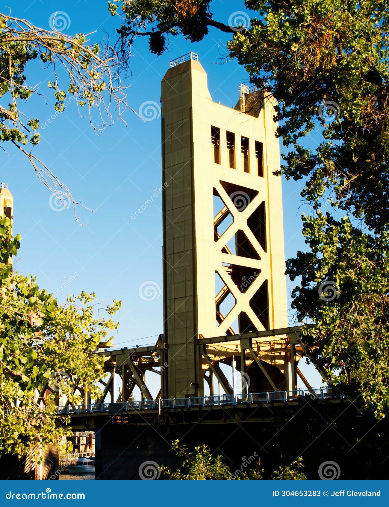 One Tower of Sacramento Brigde Framed by Trees on Either Side Stock ...