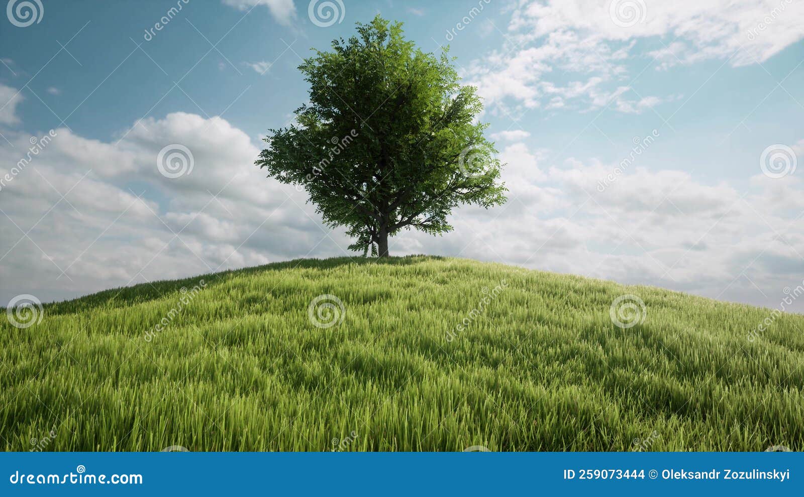 One Tree Hill Nature Landscape View Green Grass 3d Stock Illustration ...