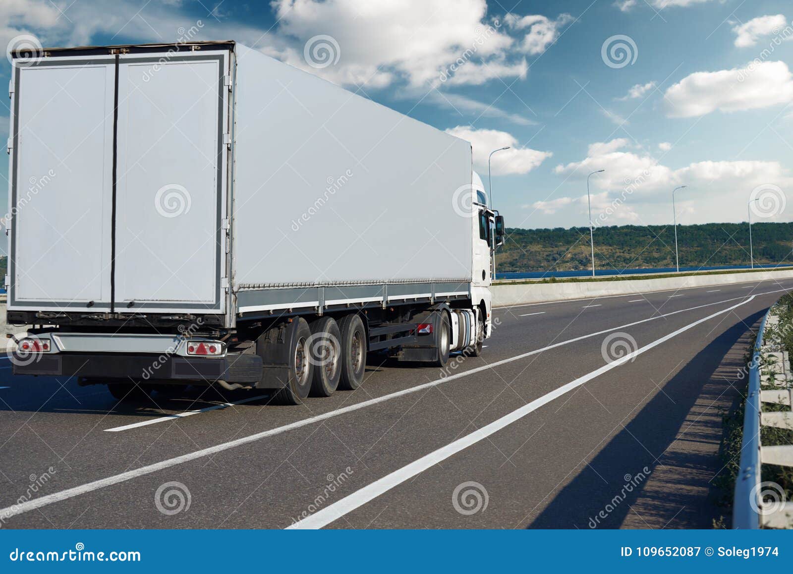 One Truck with Container on Road, Cargo Transportation and Shipping ...