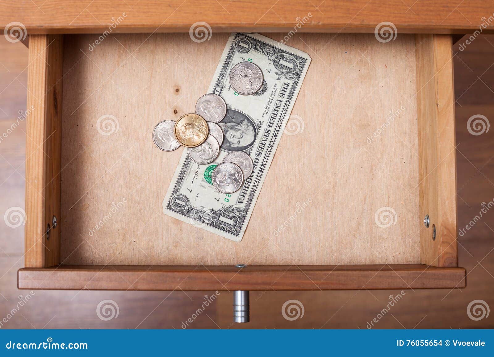 One US Dollar and Coins in Open Drawer Stock Photo - Image of interior ...